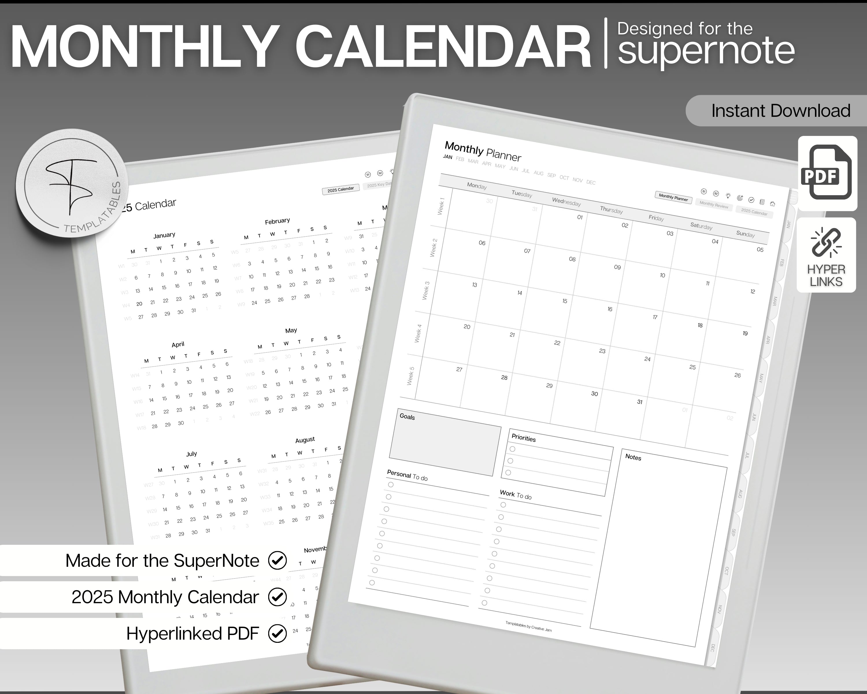 2025 Monthly Planner for Supernote – Hyperlinked Digital Calendar!