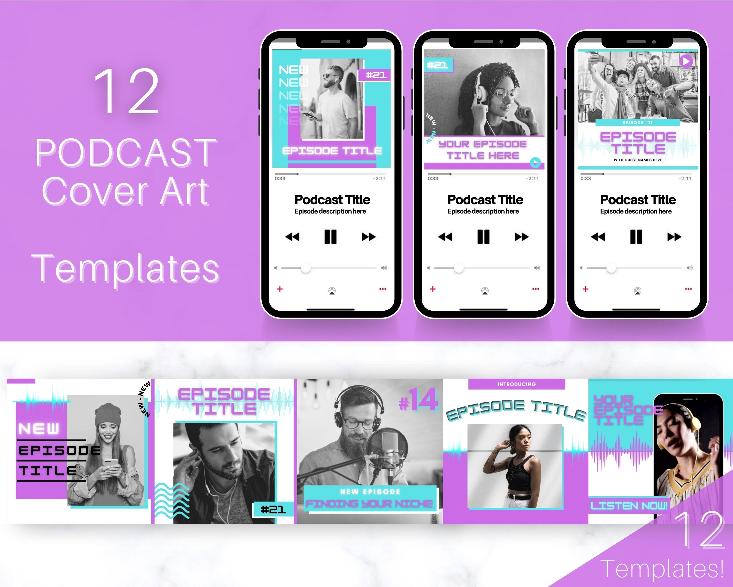 Podcast COVER ART Templates, 12 Editable Podcast Canva Mockups - Purple