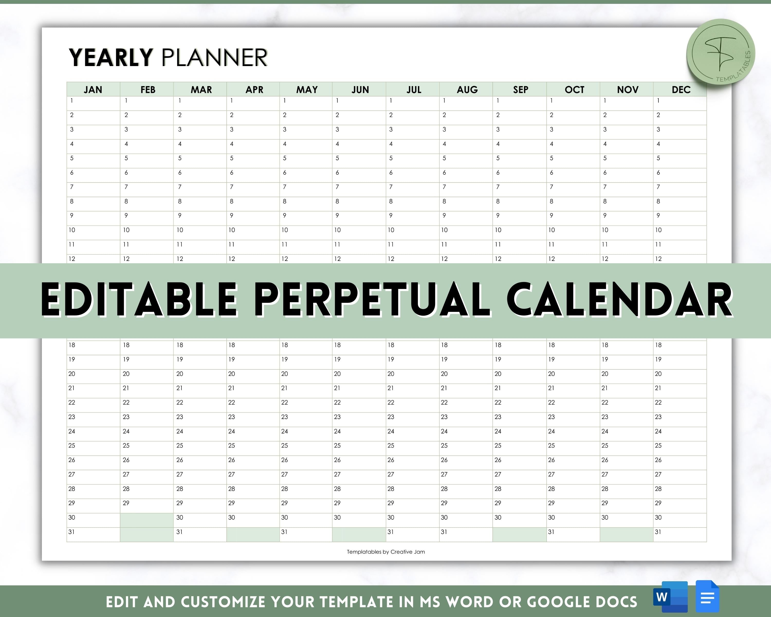 EDITABLE Perpetual Calendar | Undated Annual 12 Month Planner