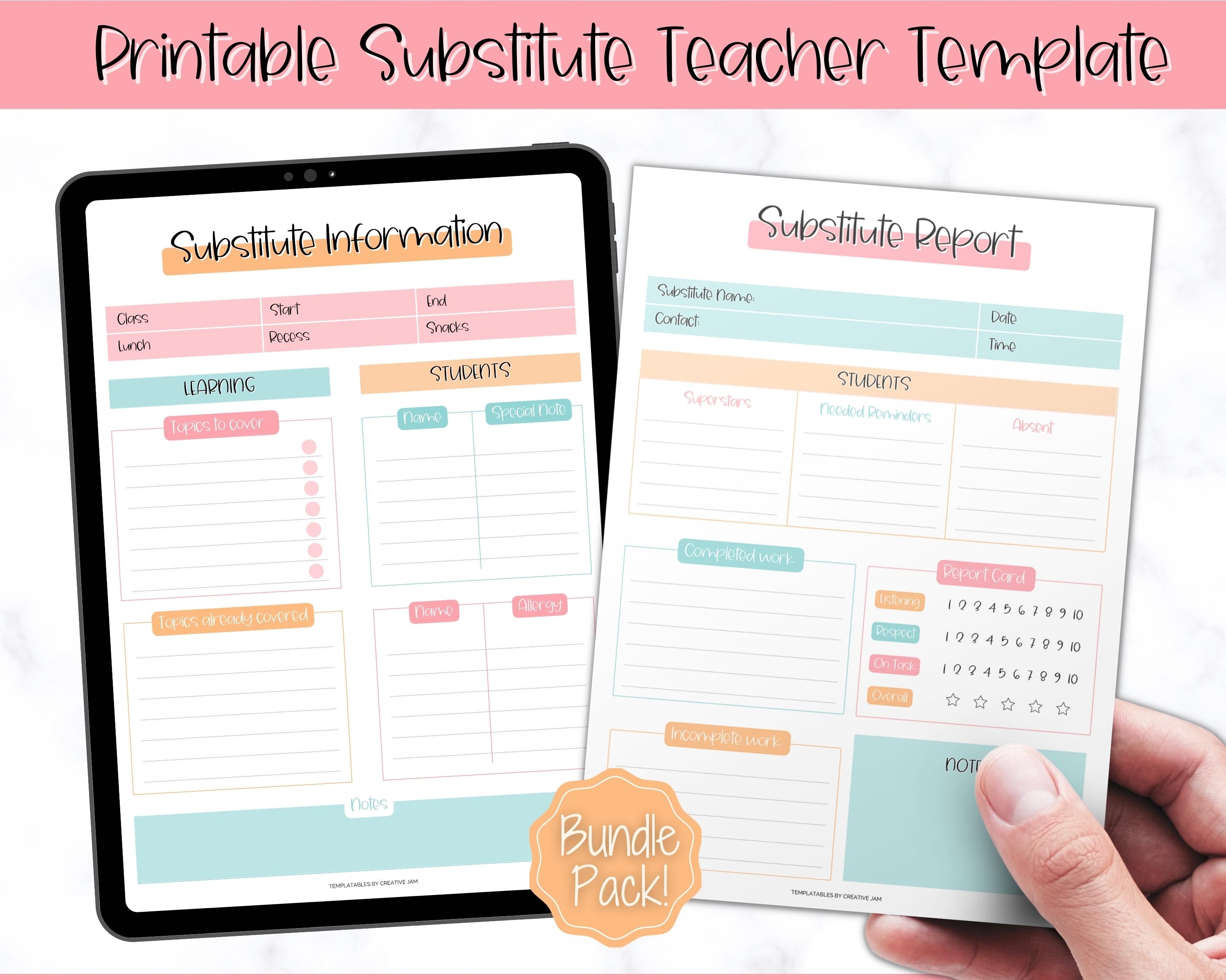Substitute Teacher Printable Template | Teacher Note Lesson Planner