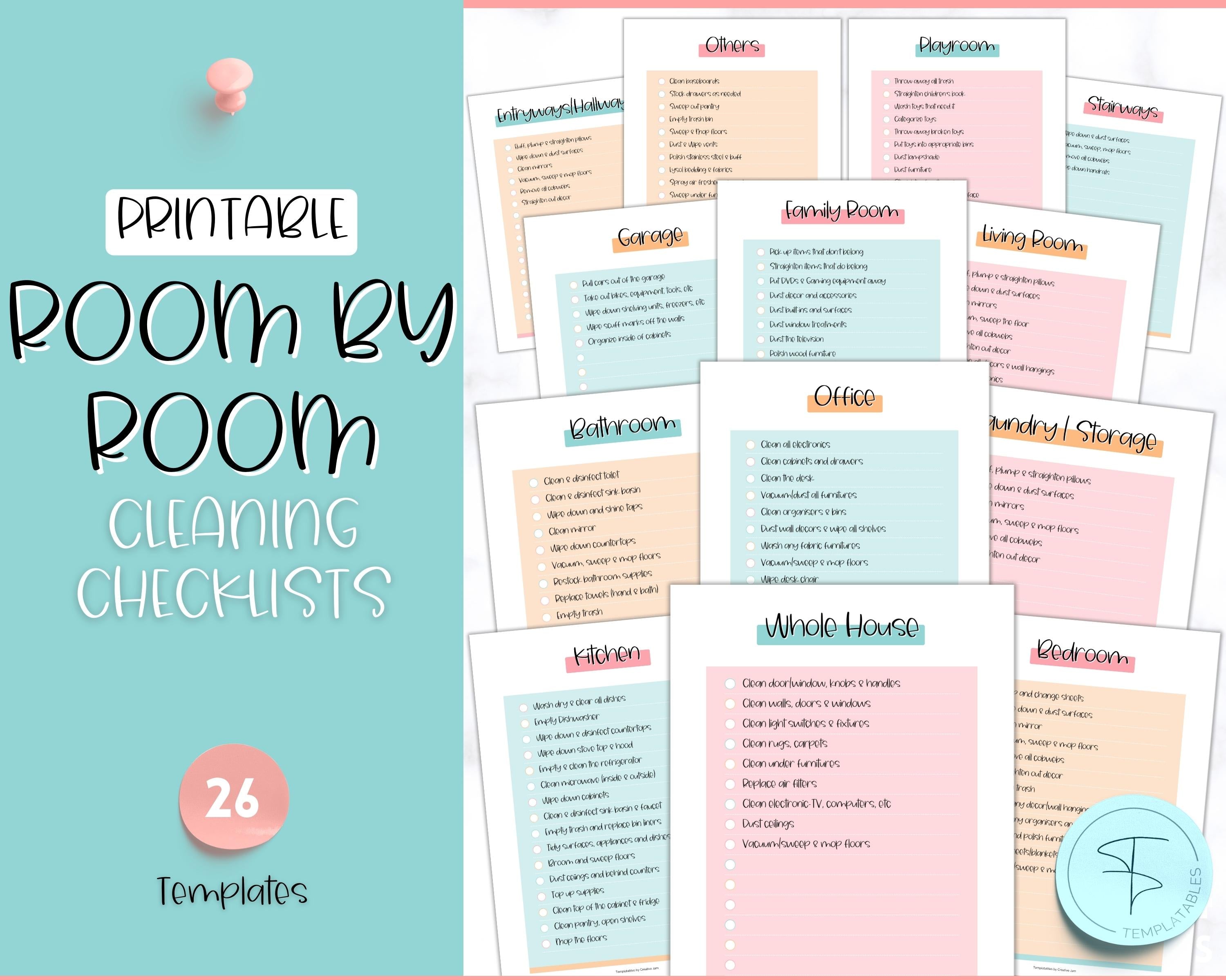 Cleaning Checklist, Printable Room by room Cleaning Cards | Colorful