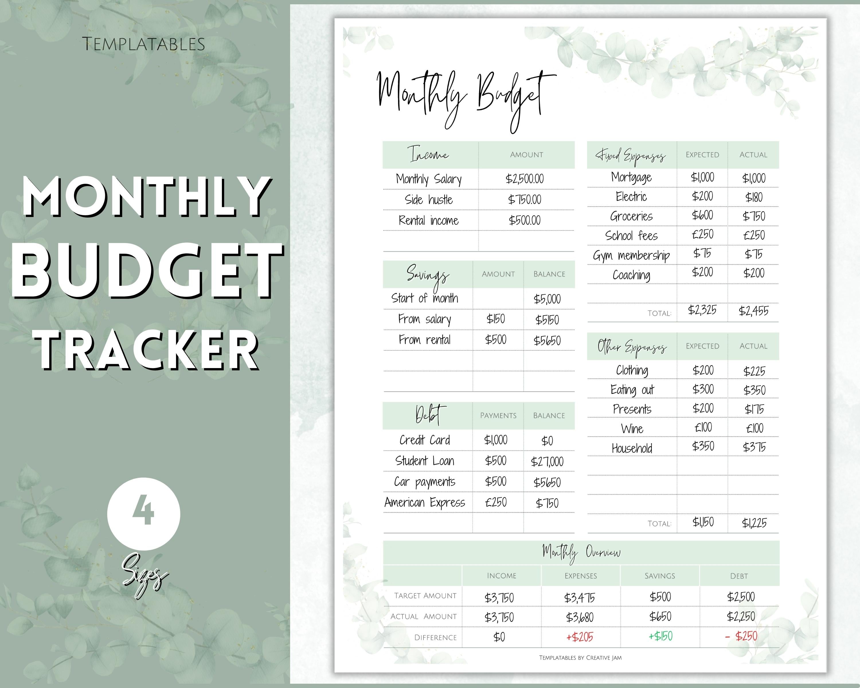Monthly Budget Planner Printable & Financial Tracker Template | Green