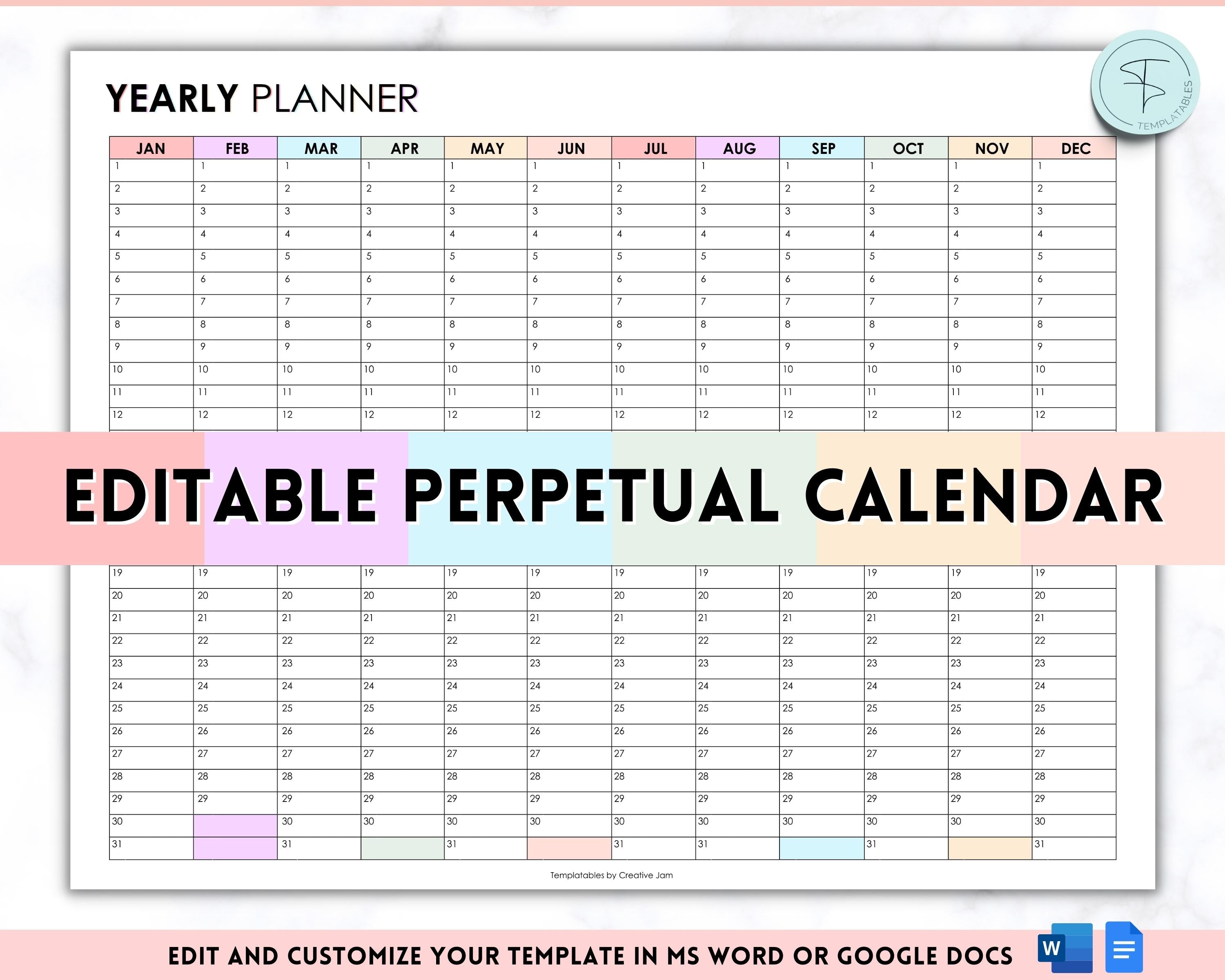 EDITABLE Perpetual Calendar | Undated Annual 12 Month Planner
