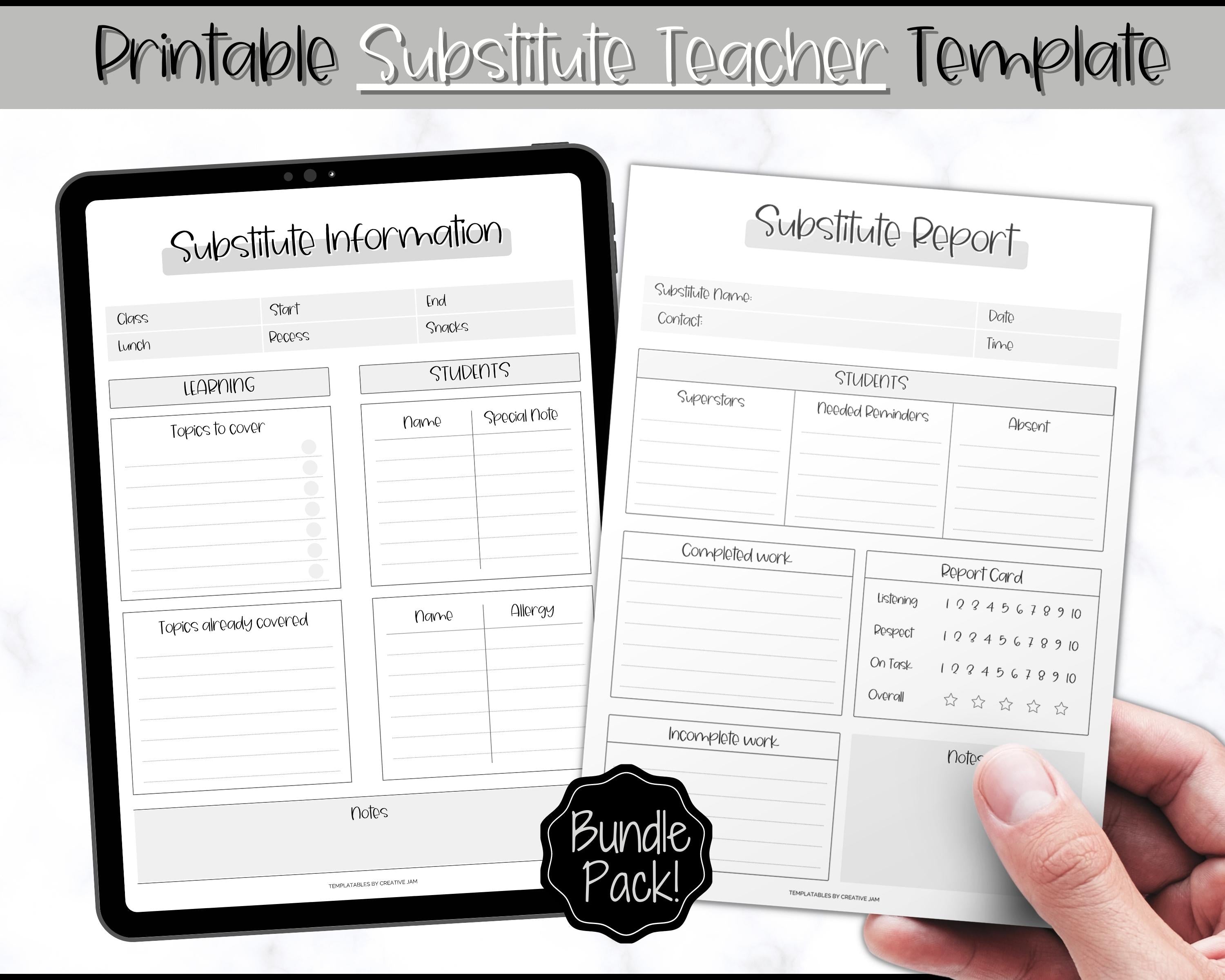 Substitute Teacher Printable Template | Teacher Note Lesson Planner