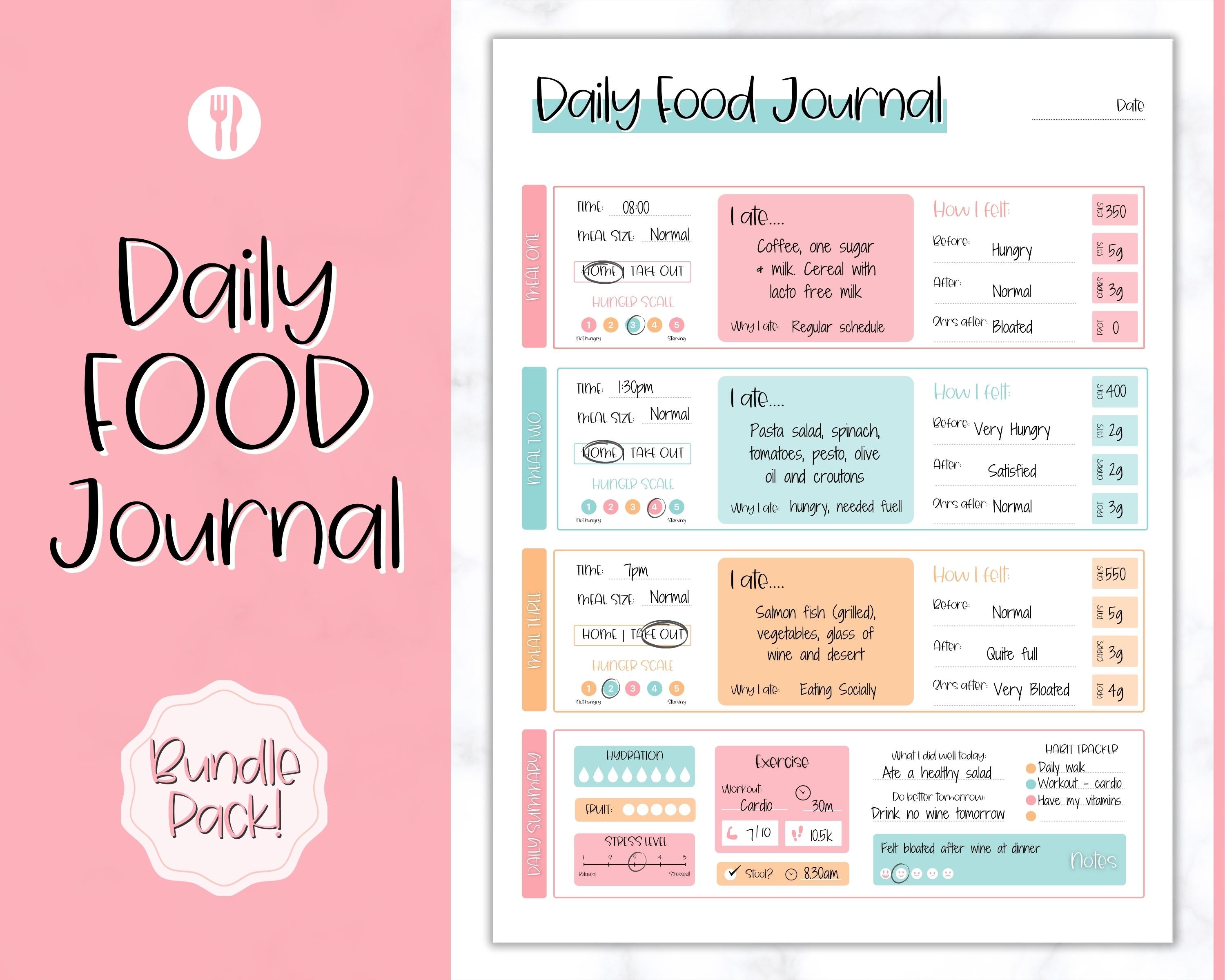 DAILY Food Journal Printable Templates | Colorful Food Log