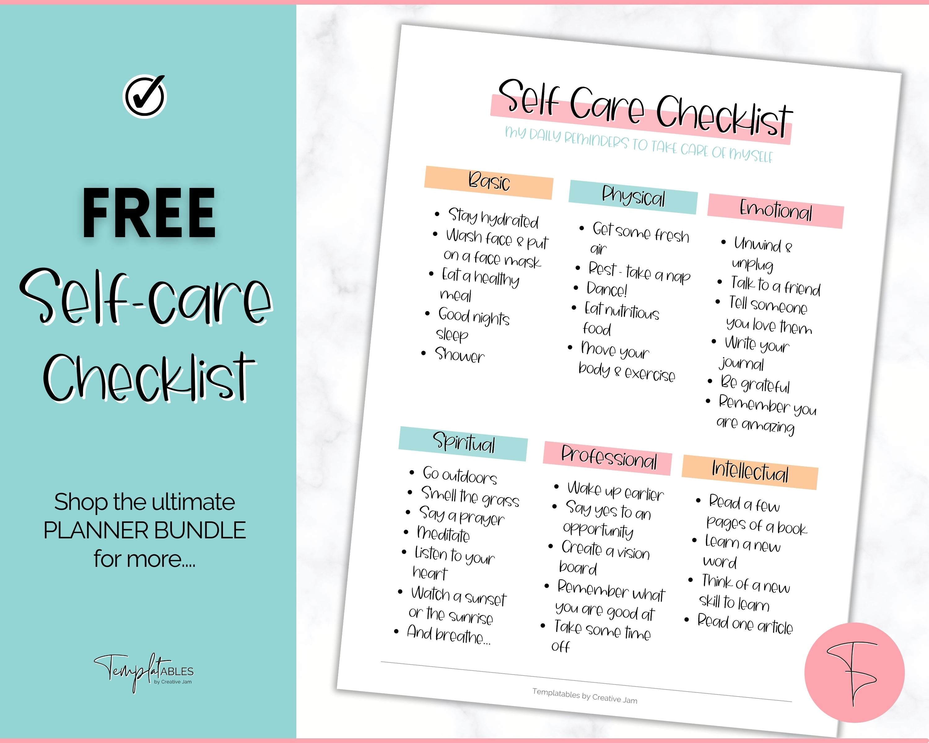 FREE Self Care Checklist Printable - Colorful