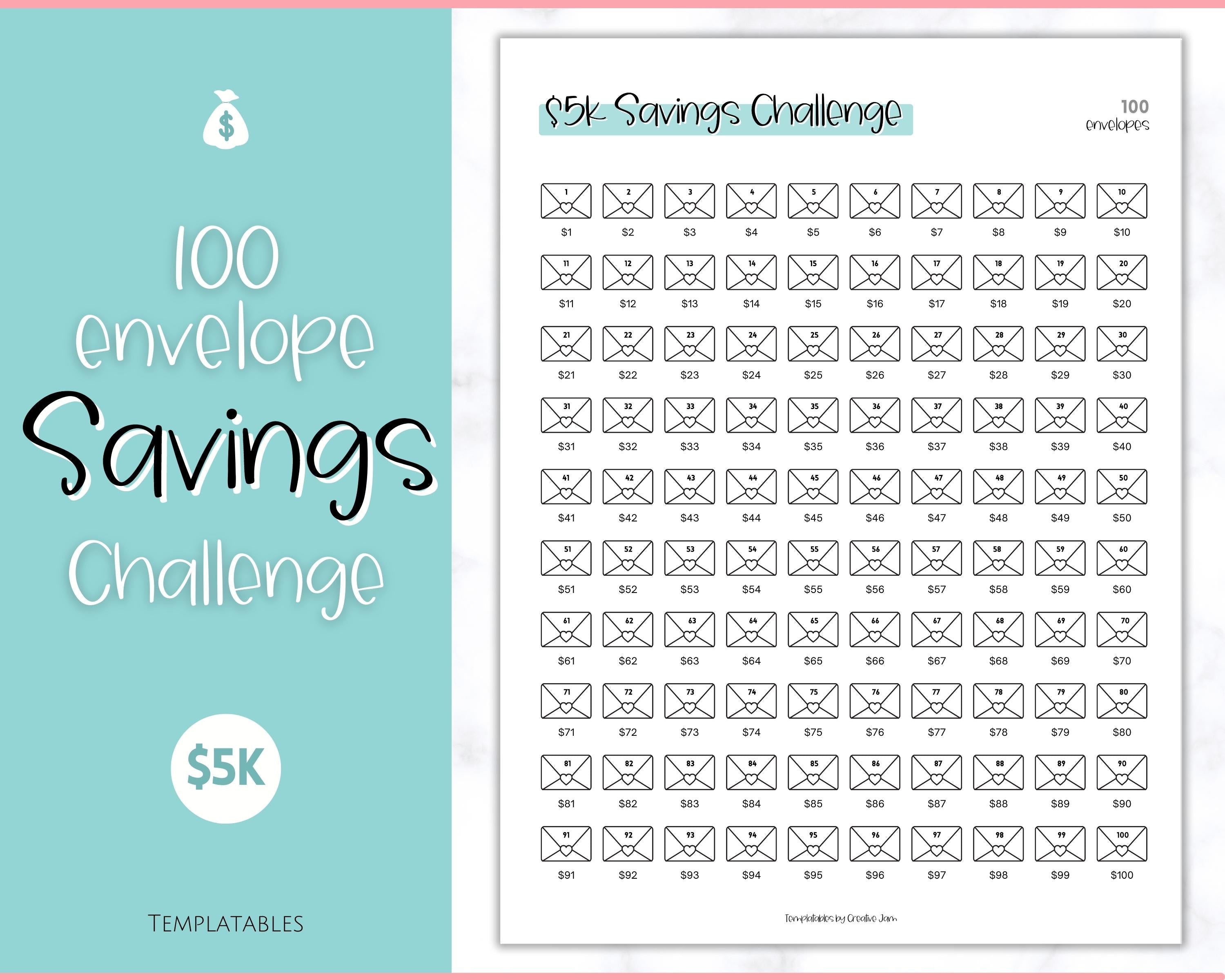 5k 100 Envelope Challenge Printable, 5000 | Colorful