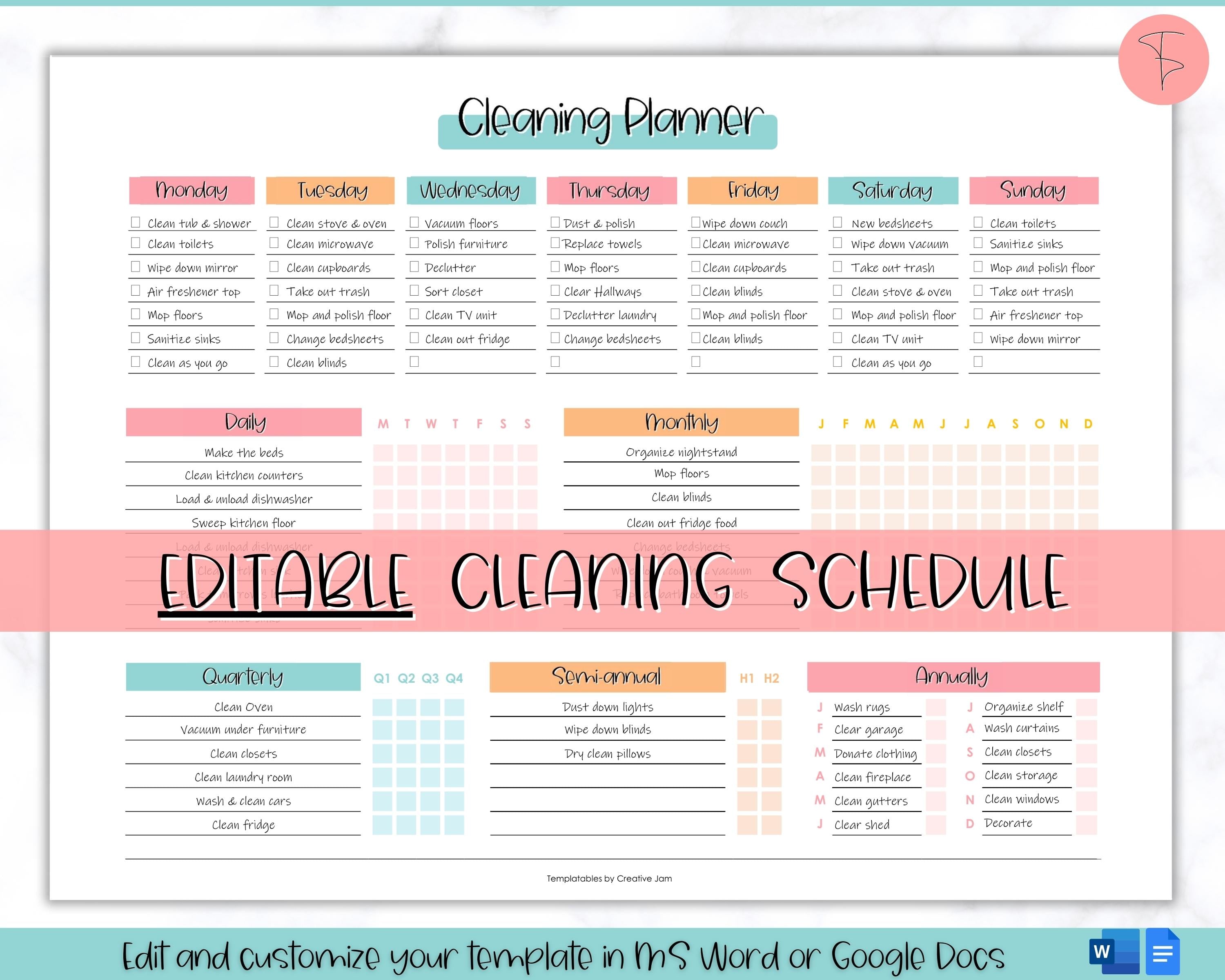 Monthly Household Planner Printable Weekly Cleaning Checklist