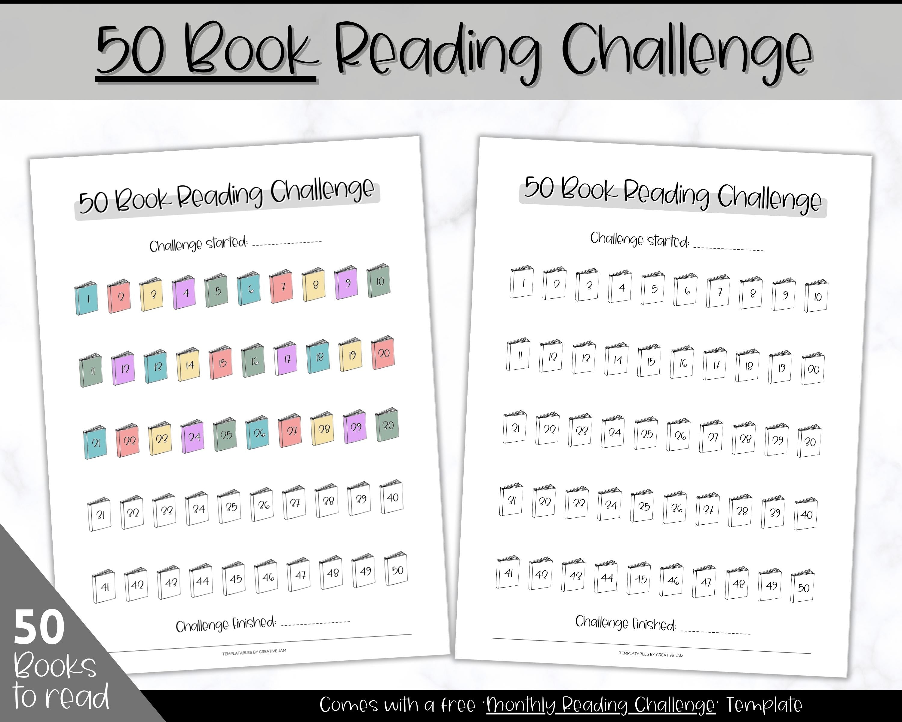 50 Book Reading Challenge Bundle | Reading Tracker & Planner - Mono