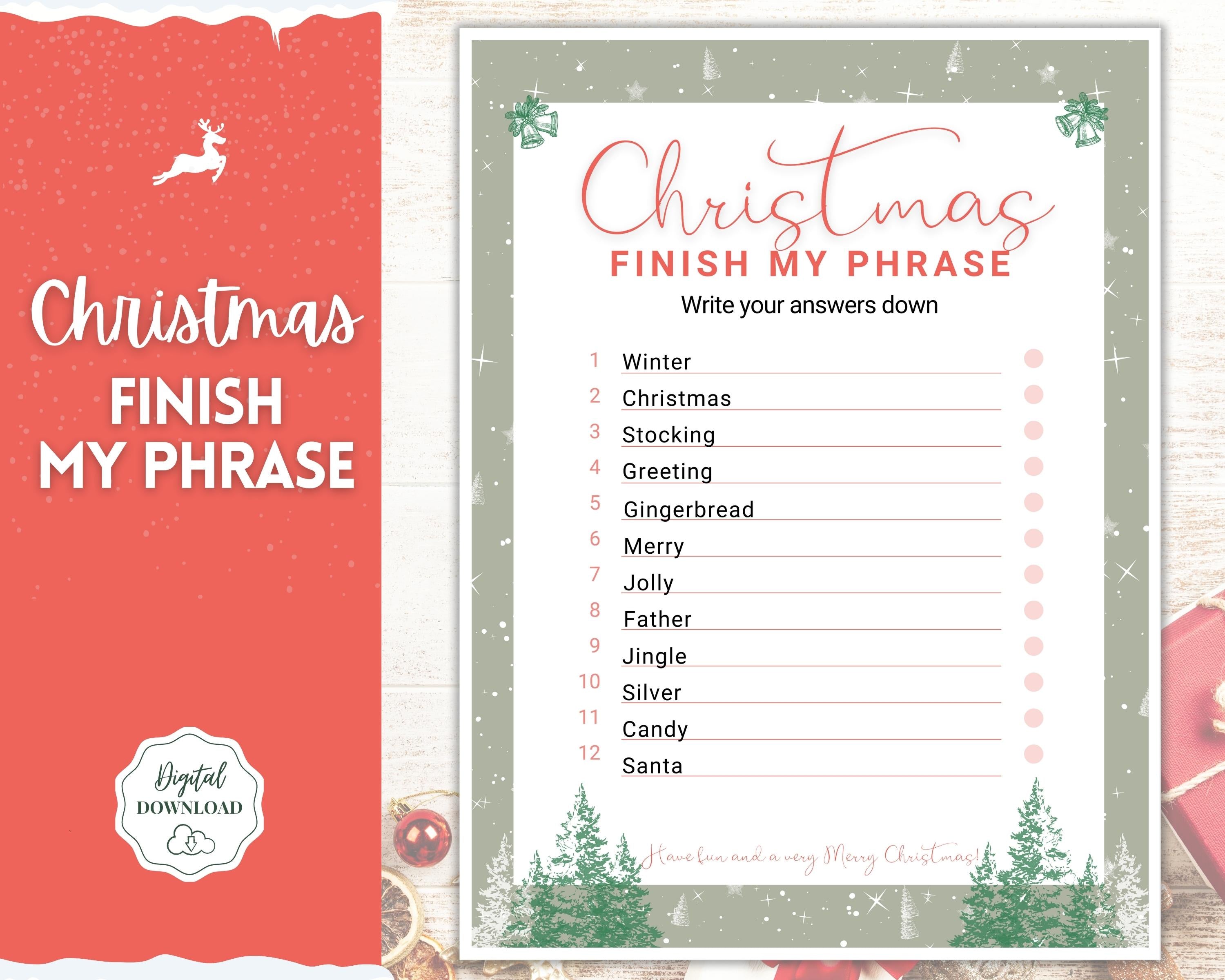 Christmas Finish my Phrase Game | Xmas Holiday Game & Party Printables