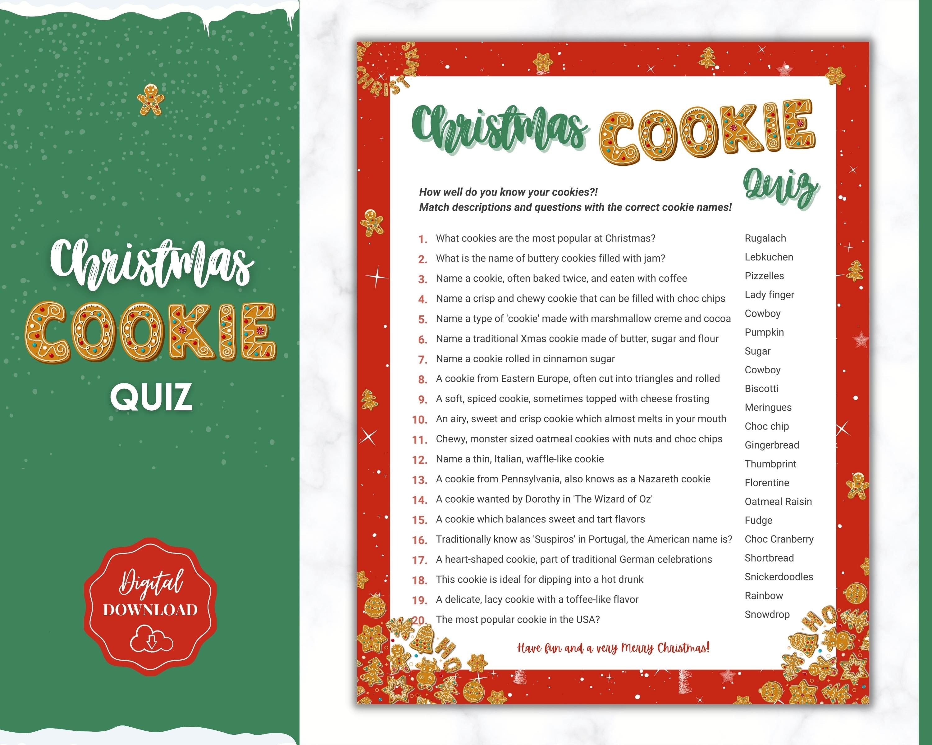 Christmas Cookie Quiz Game | Holiday Xmas Party Game Printables for th