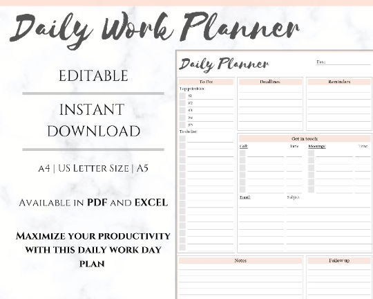 Daily Work Planner | To Do List | Printable Productivity Planner