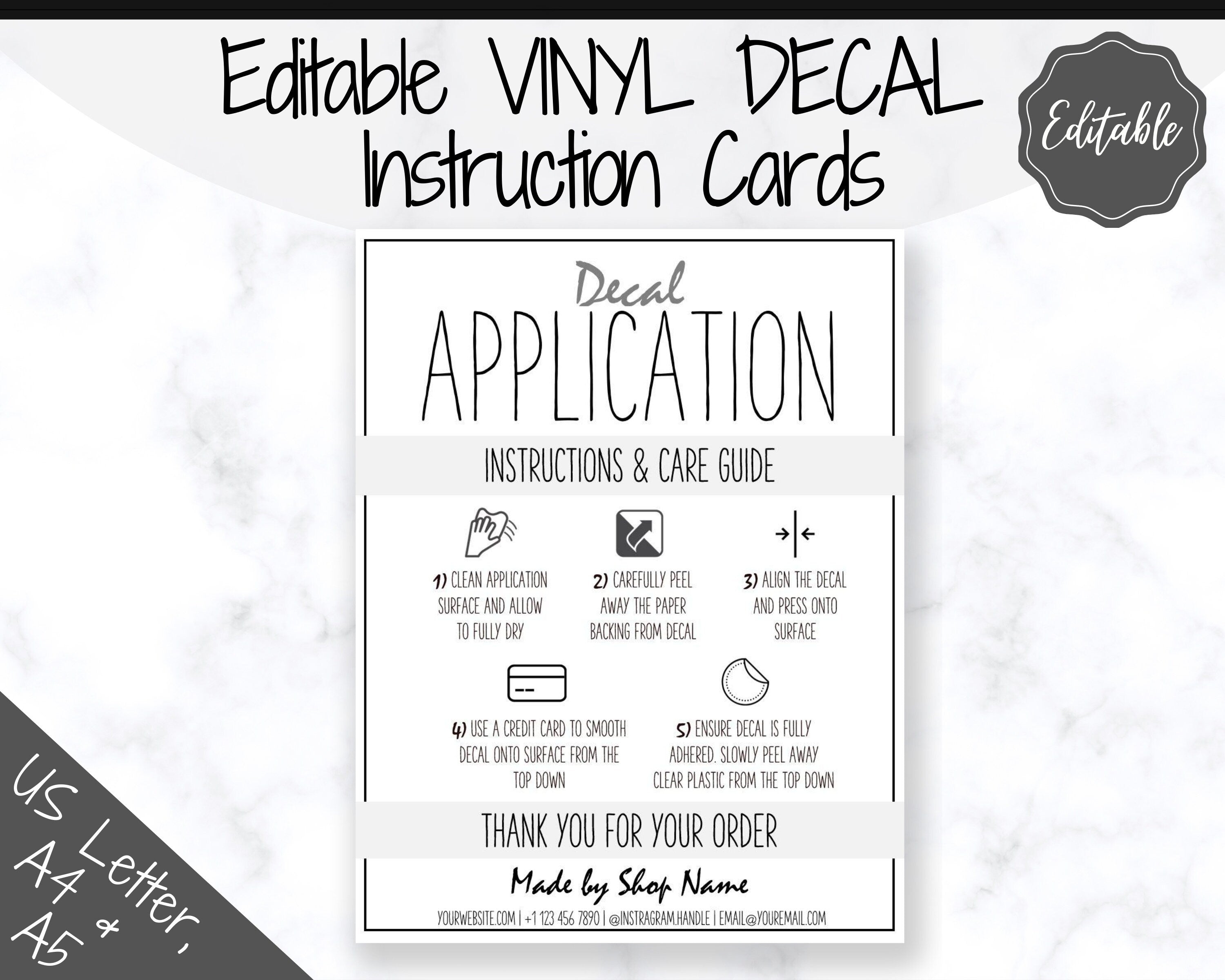 EDITABLE Vinyl Decal Care Card Printable Instructions | Grey