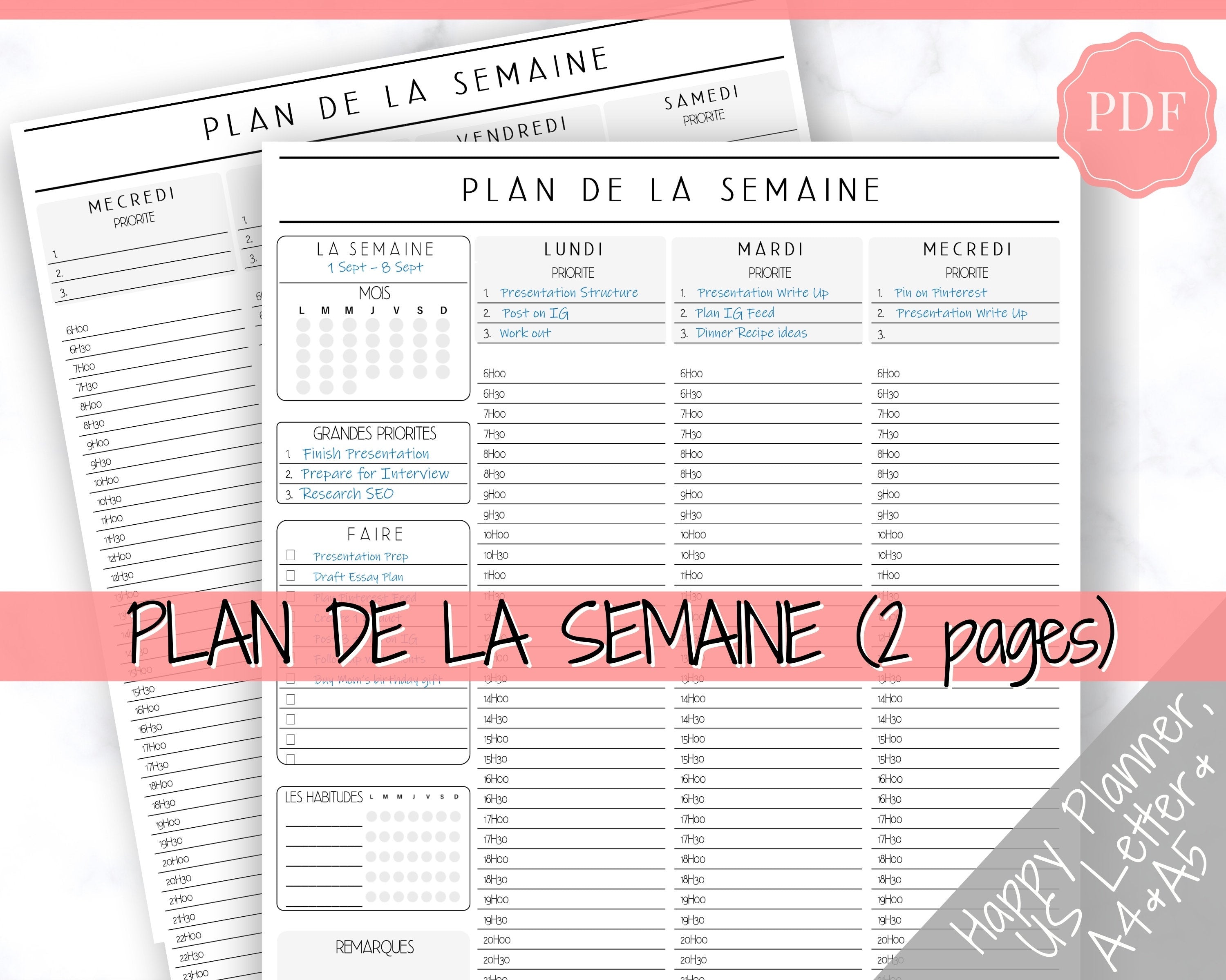FRENCH Weekly Planner Printable Templates | Français, Hourly Planner