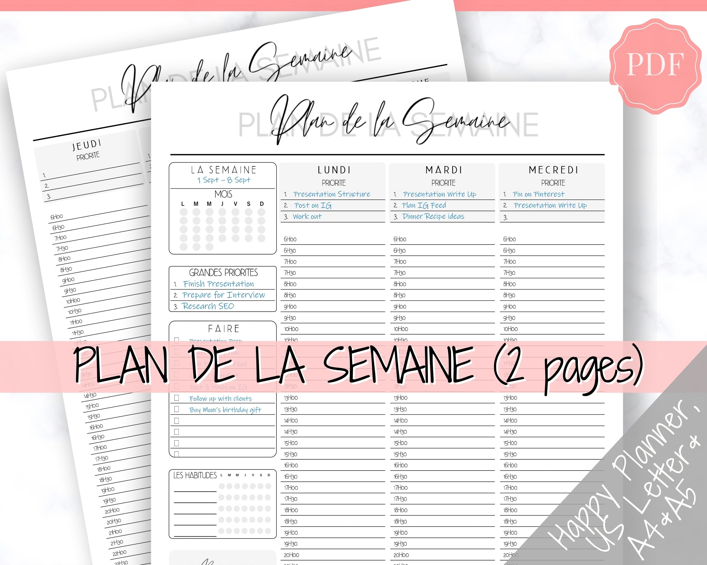 Weekly Planner Français Printable Template | French Hourly Planner
