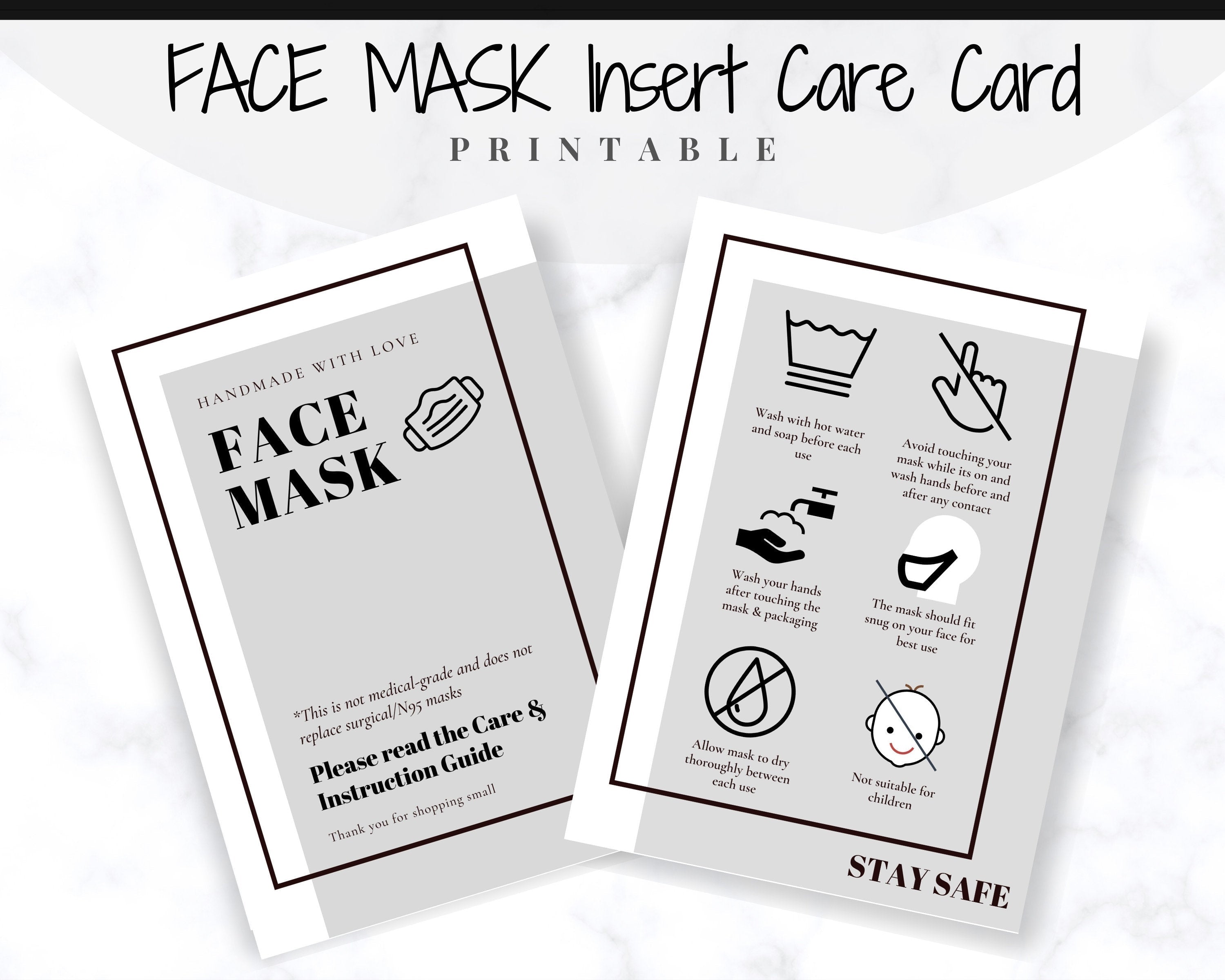 Face Mask Label Care Card Instructions | 2 Sided - Monochrome