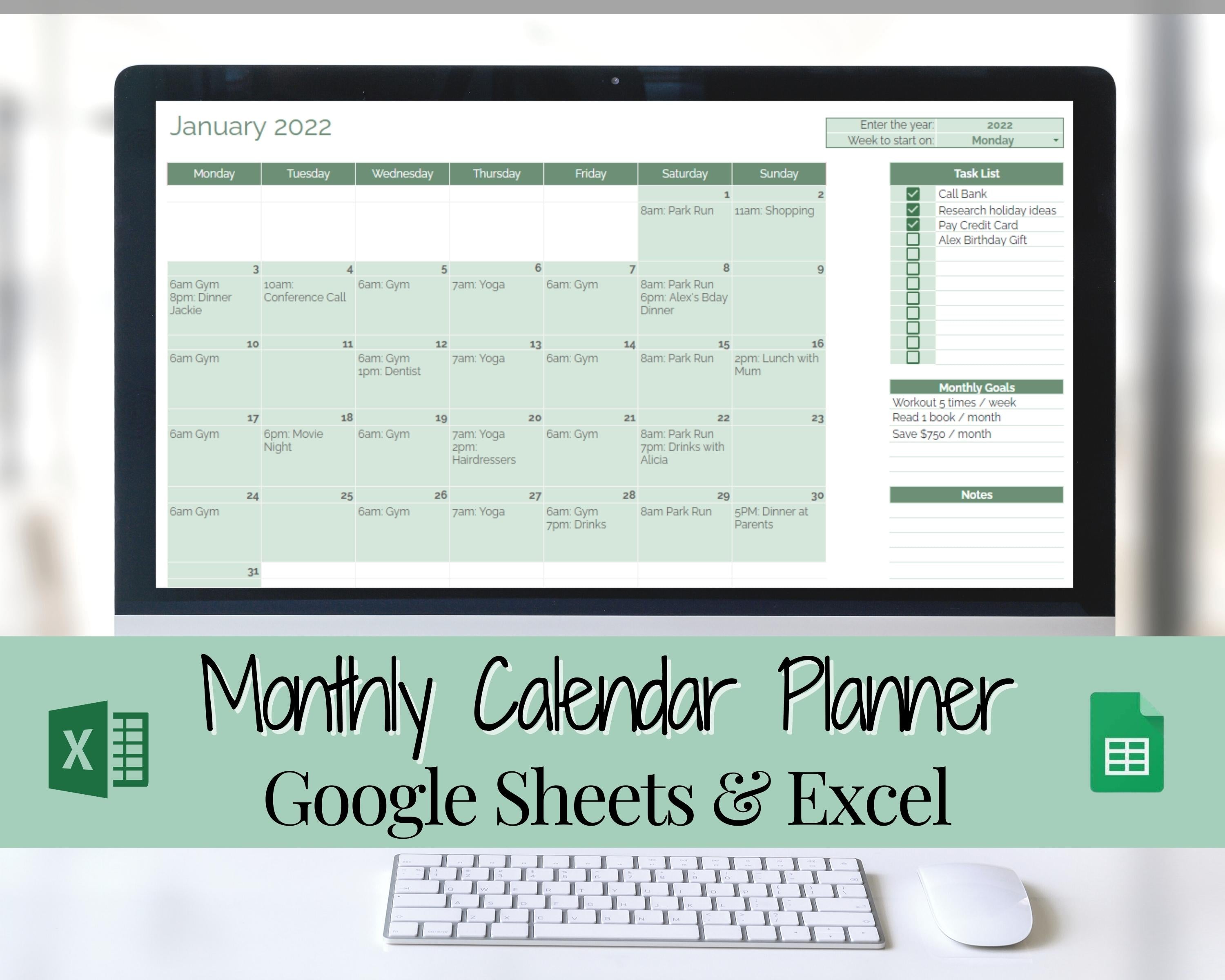 Monthly Calendar Planner Templates | Google Sheets & Excel - Green