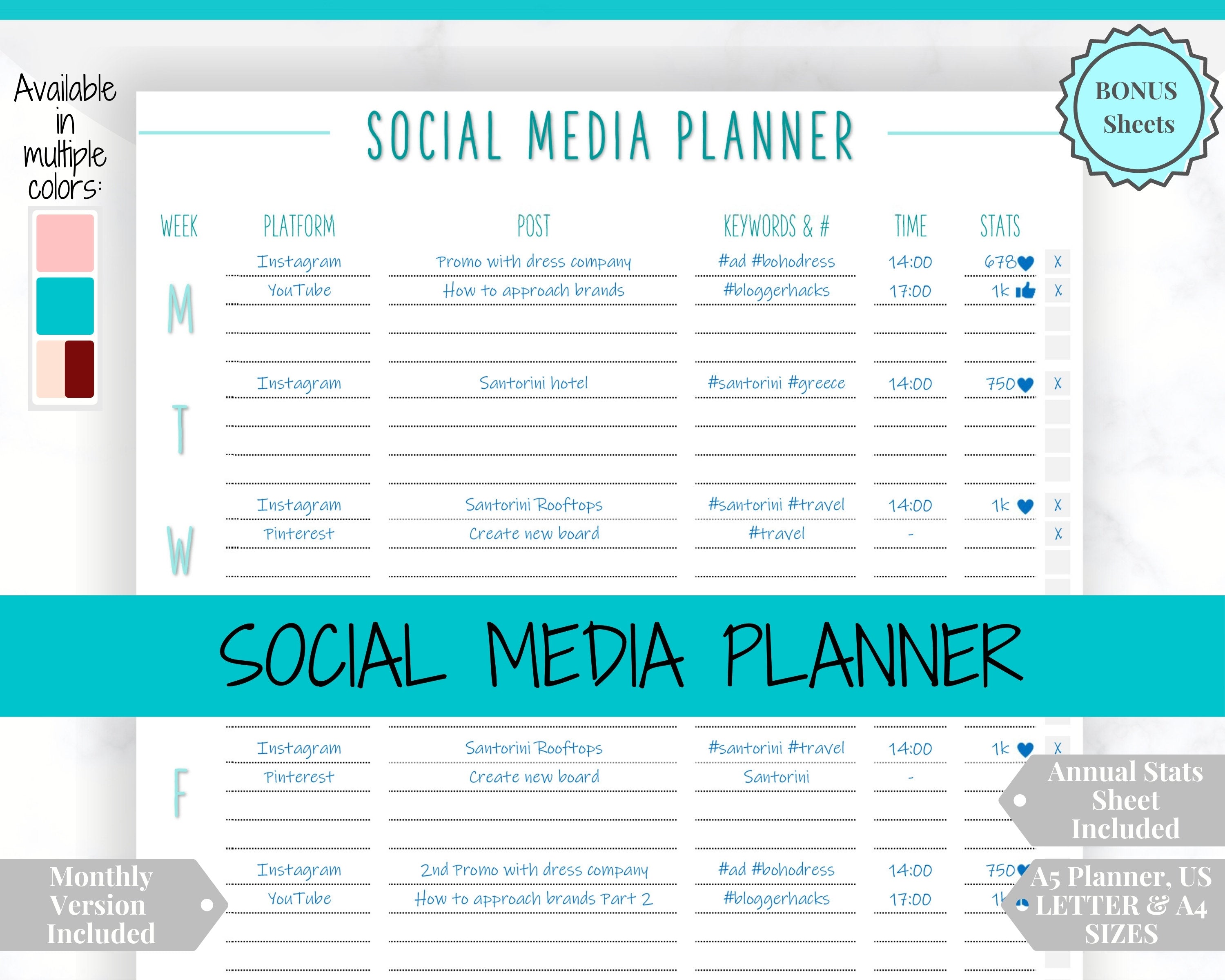 Social Media Planner Printable for Instagram, Facebook, Pinterest