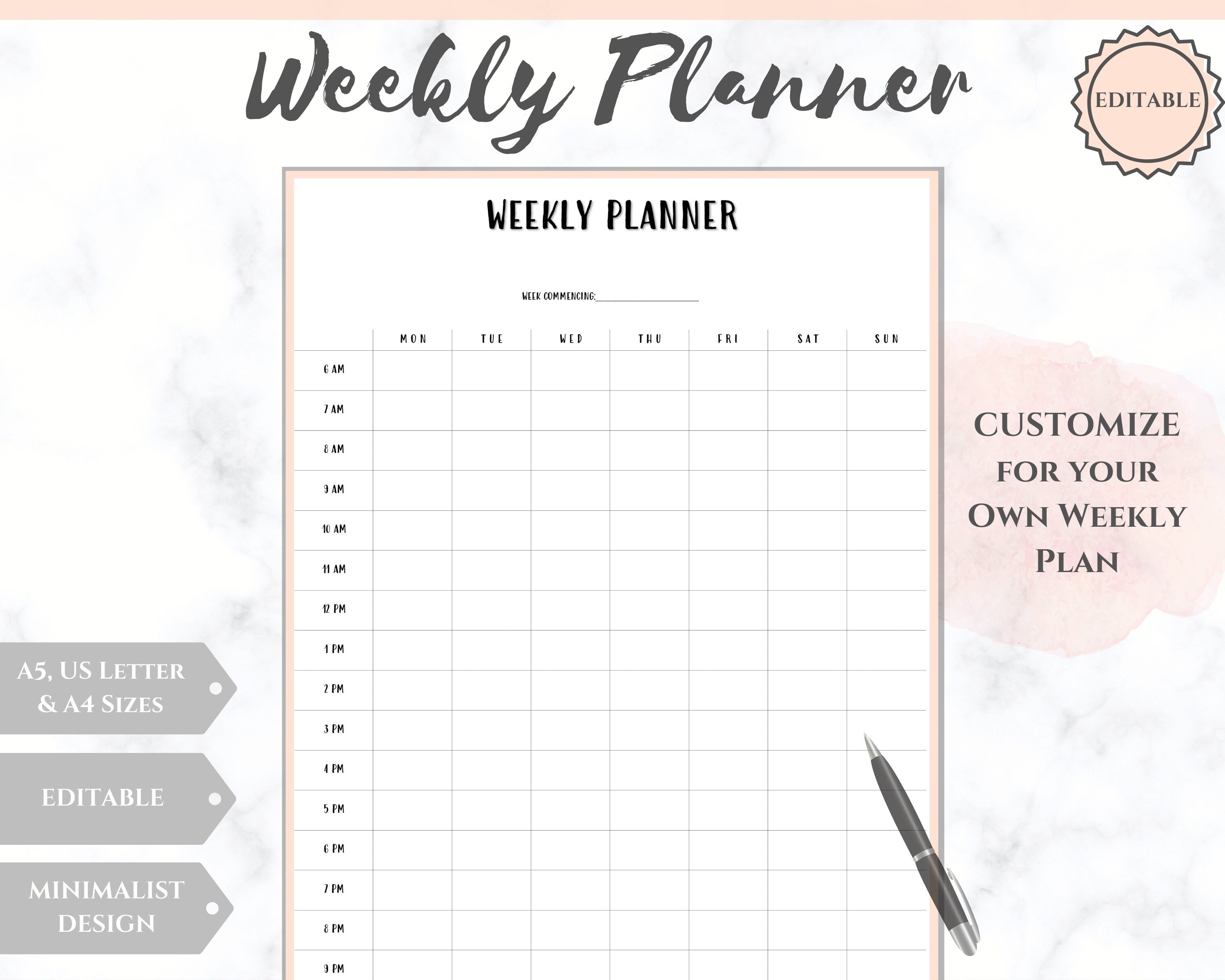 Weekly Planner Printable | Hourly Planner 2022 Templates