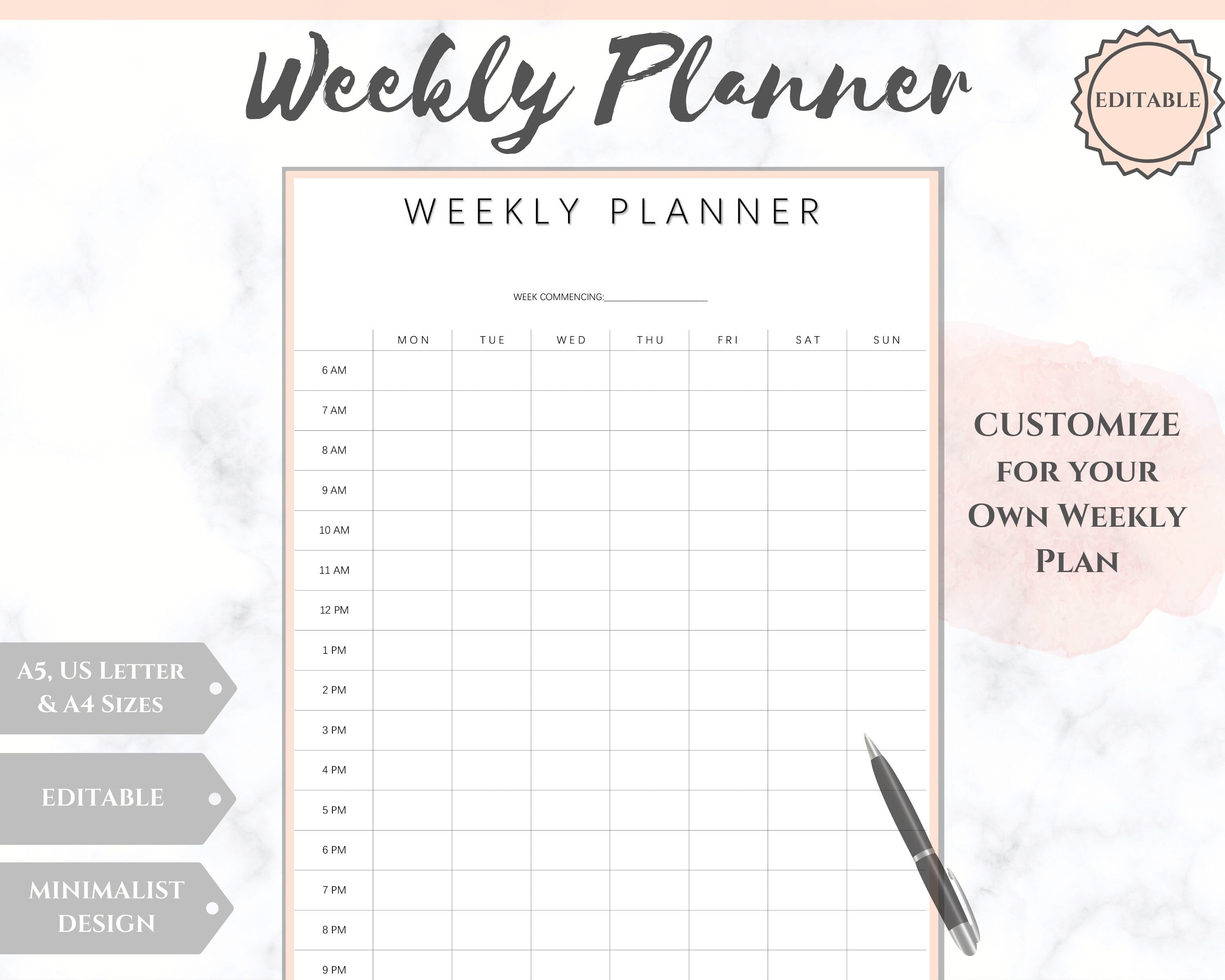 Hourly Planner Printable | Weekly Planner 2022 | Productivity Planner