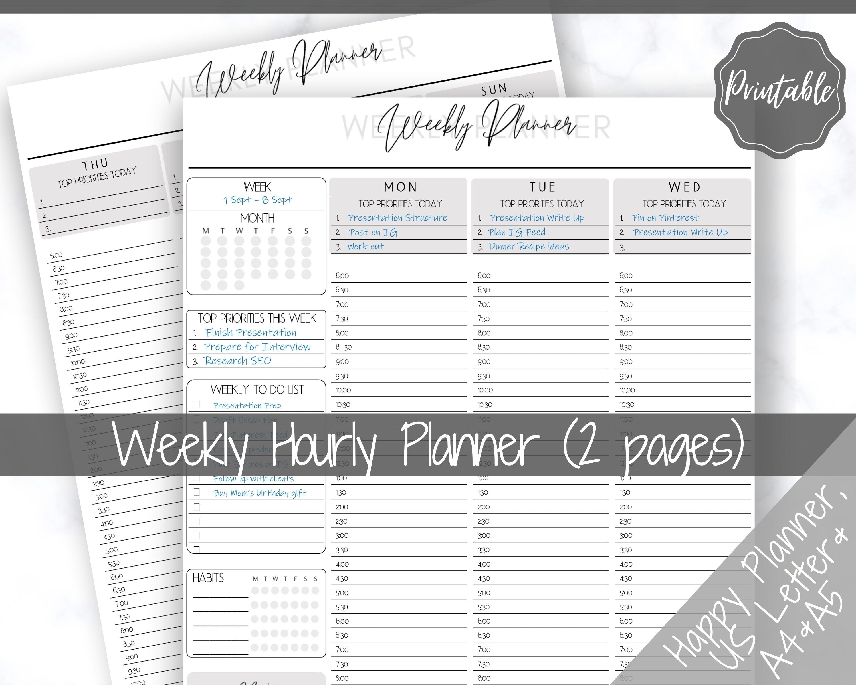 Weekly Hourly Planner Printable, Weekly Schedule, Undated Planner