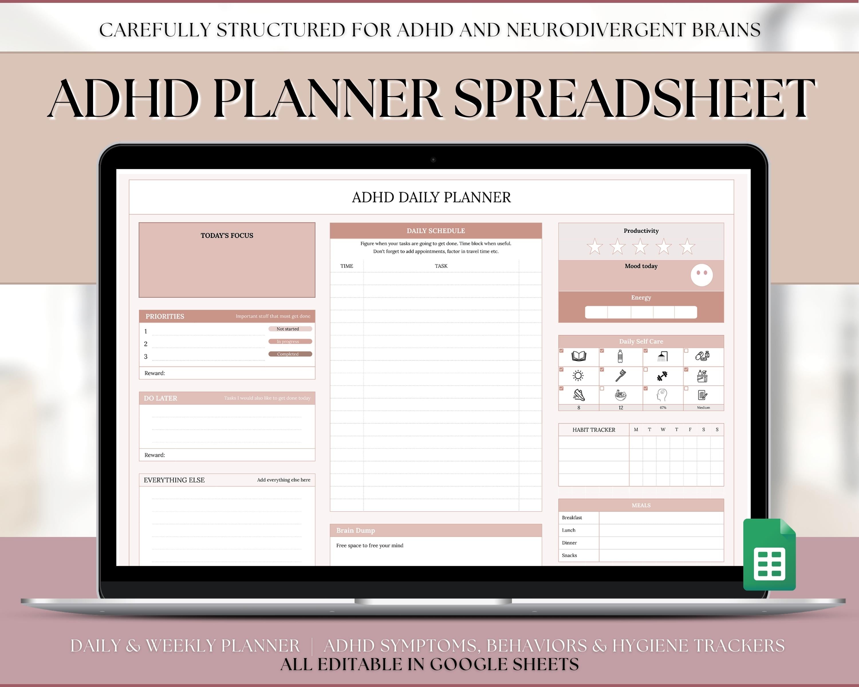 ADHD Daily and Weekly Planner Spreadsheet for Neurodivergent Adults