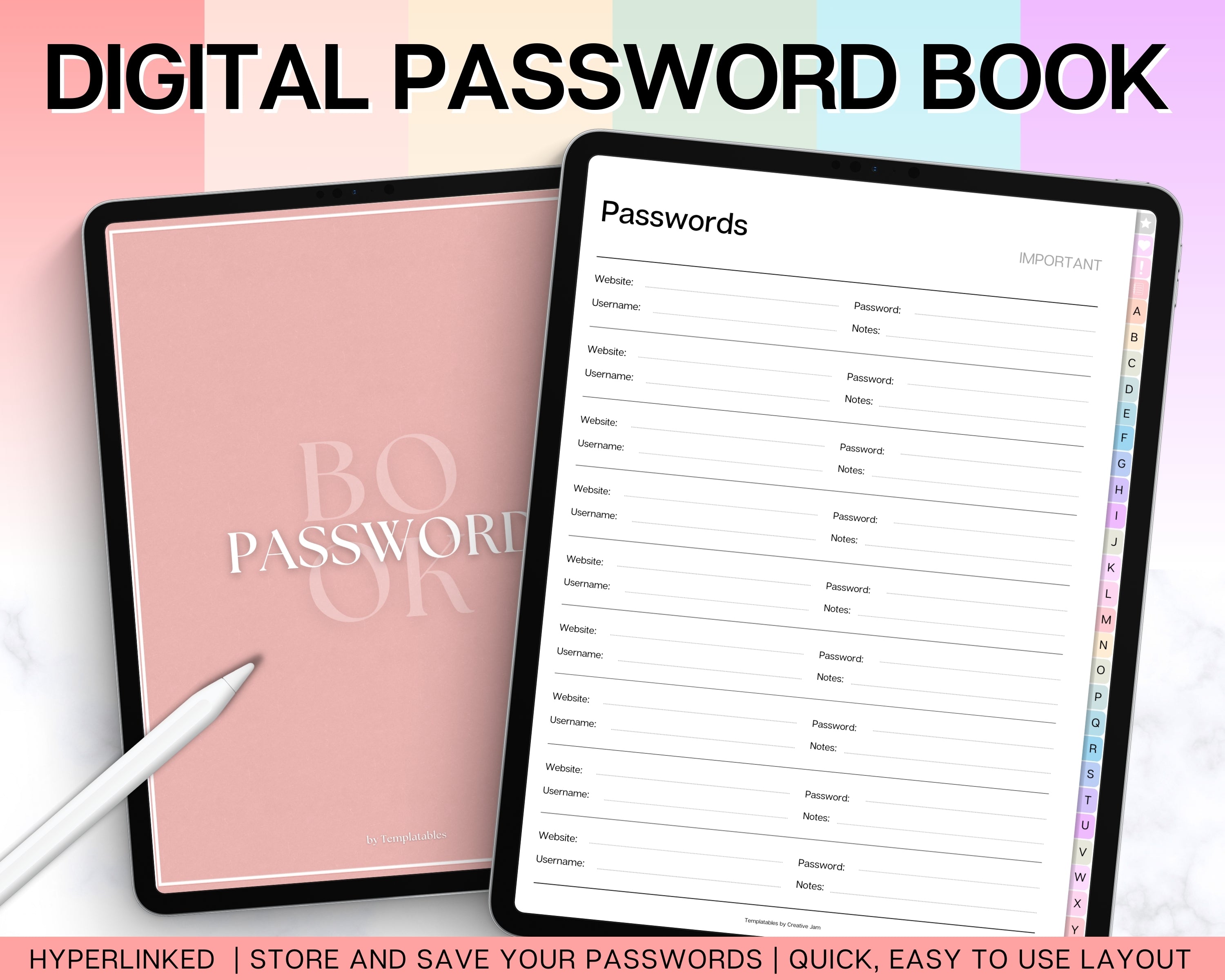 Digital Password Book | Track your passwords with this colourful log