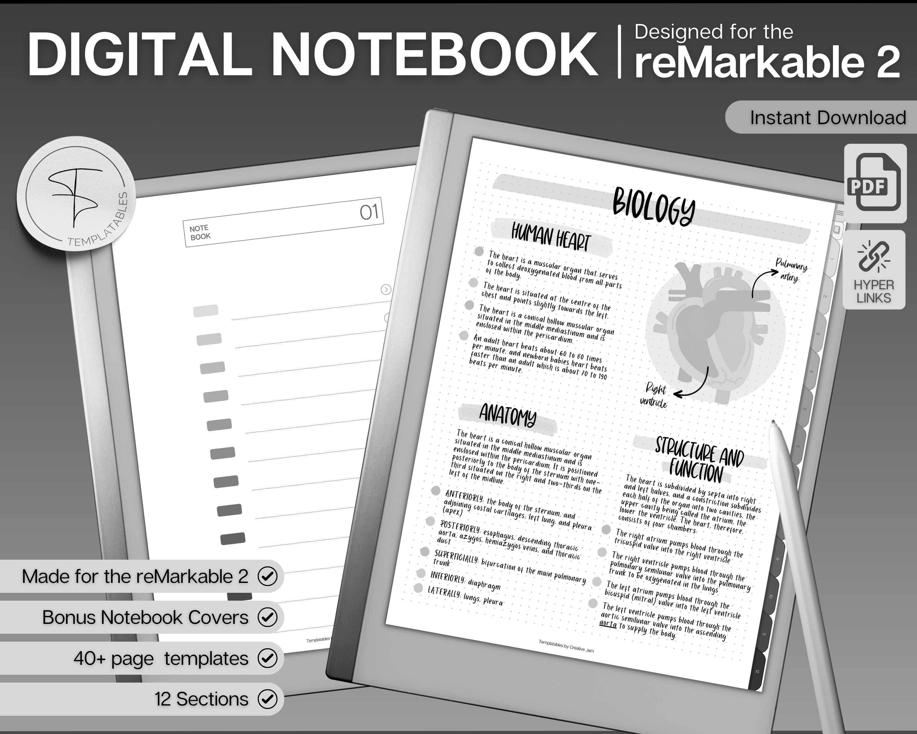 Digital Notebook for reMarkable tablets| 40+ Hyperlinked Page Templates