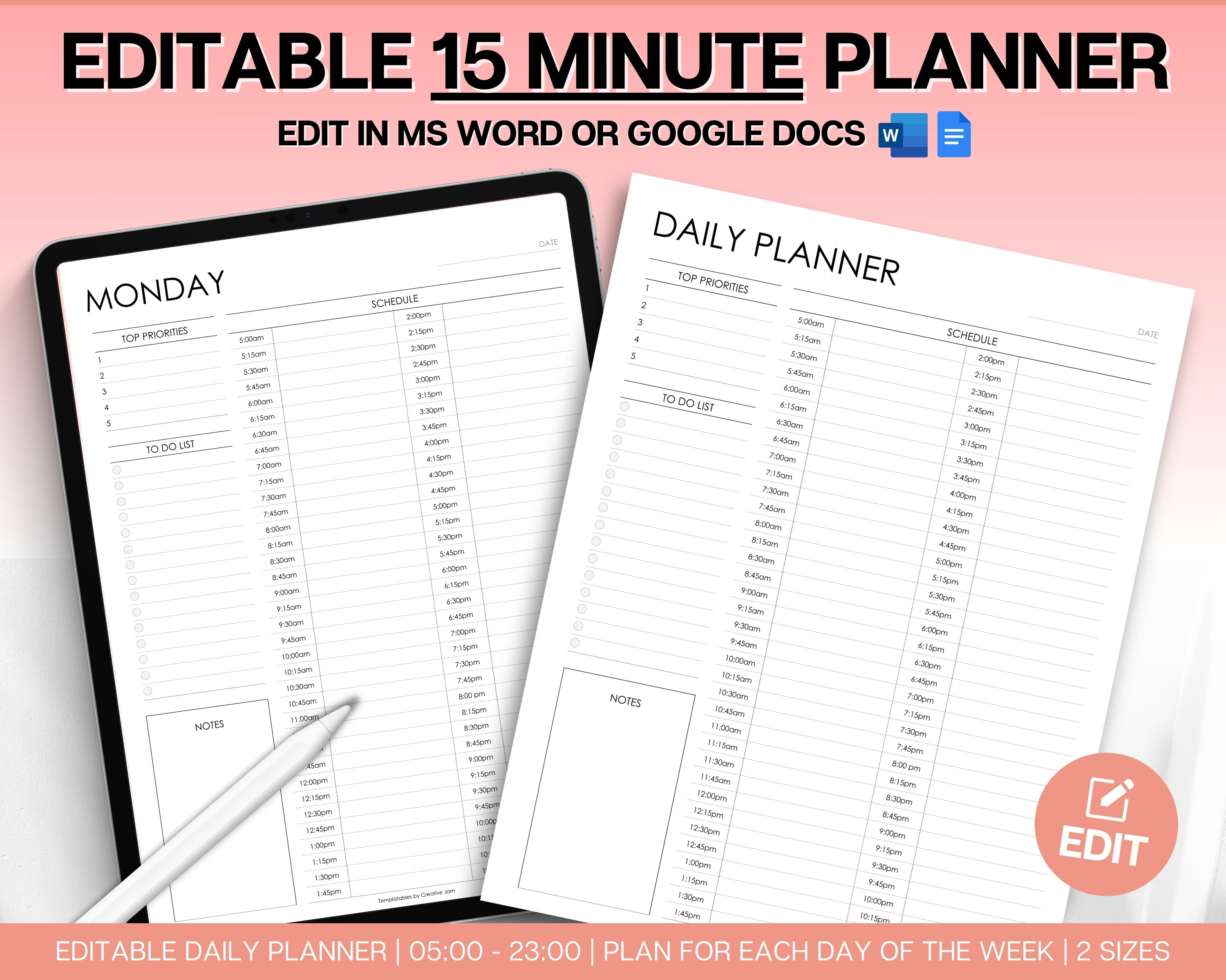 EDITABLE 15 Minute Planner | Easily Time Block Your Day and Plan!