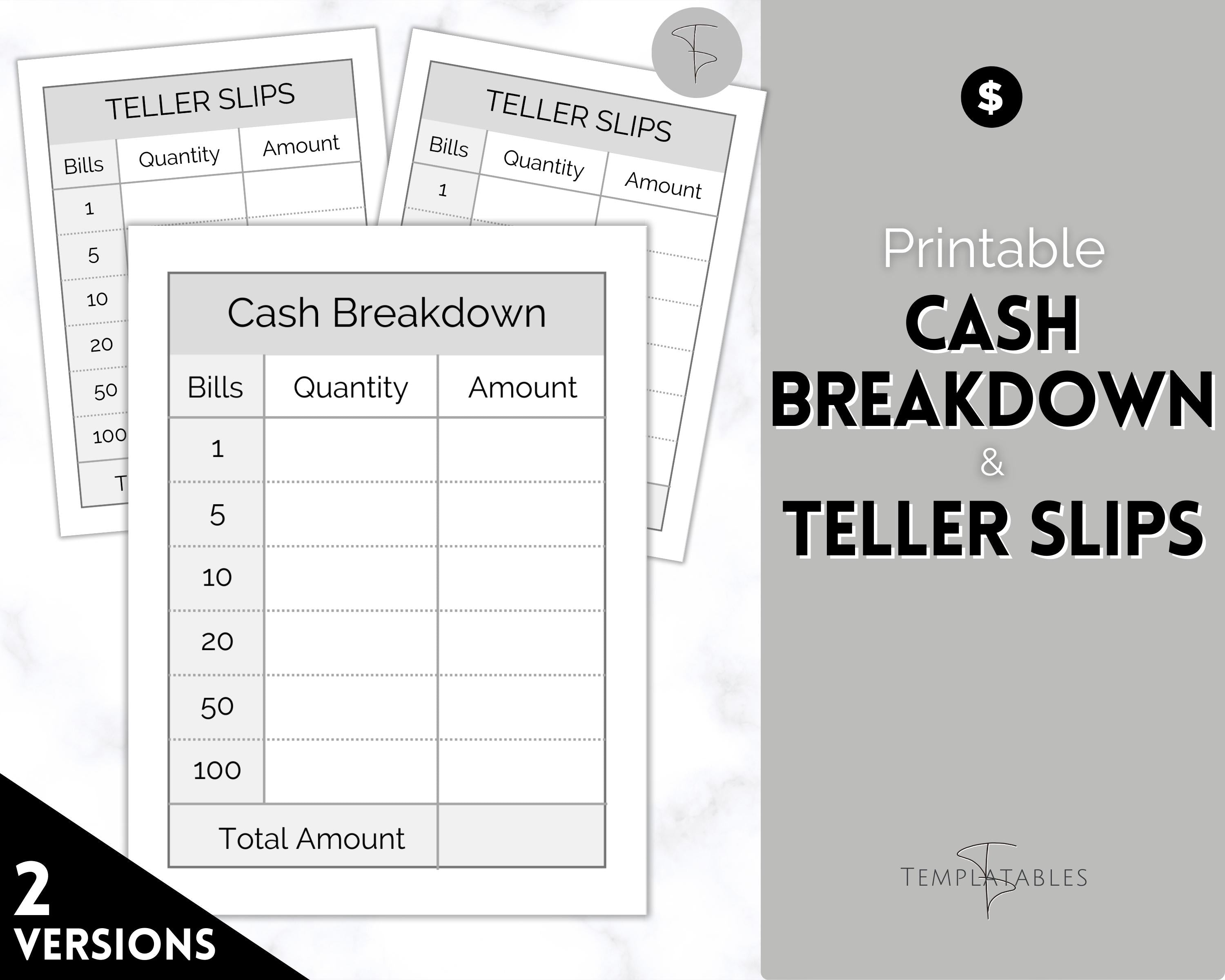 Printable Cash Breakdown & Teller Slips: Easy Budgeting & Bank Trips