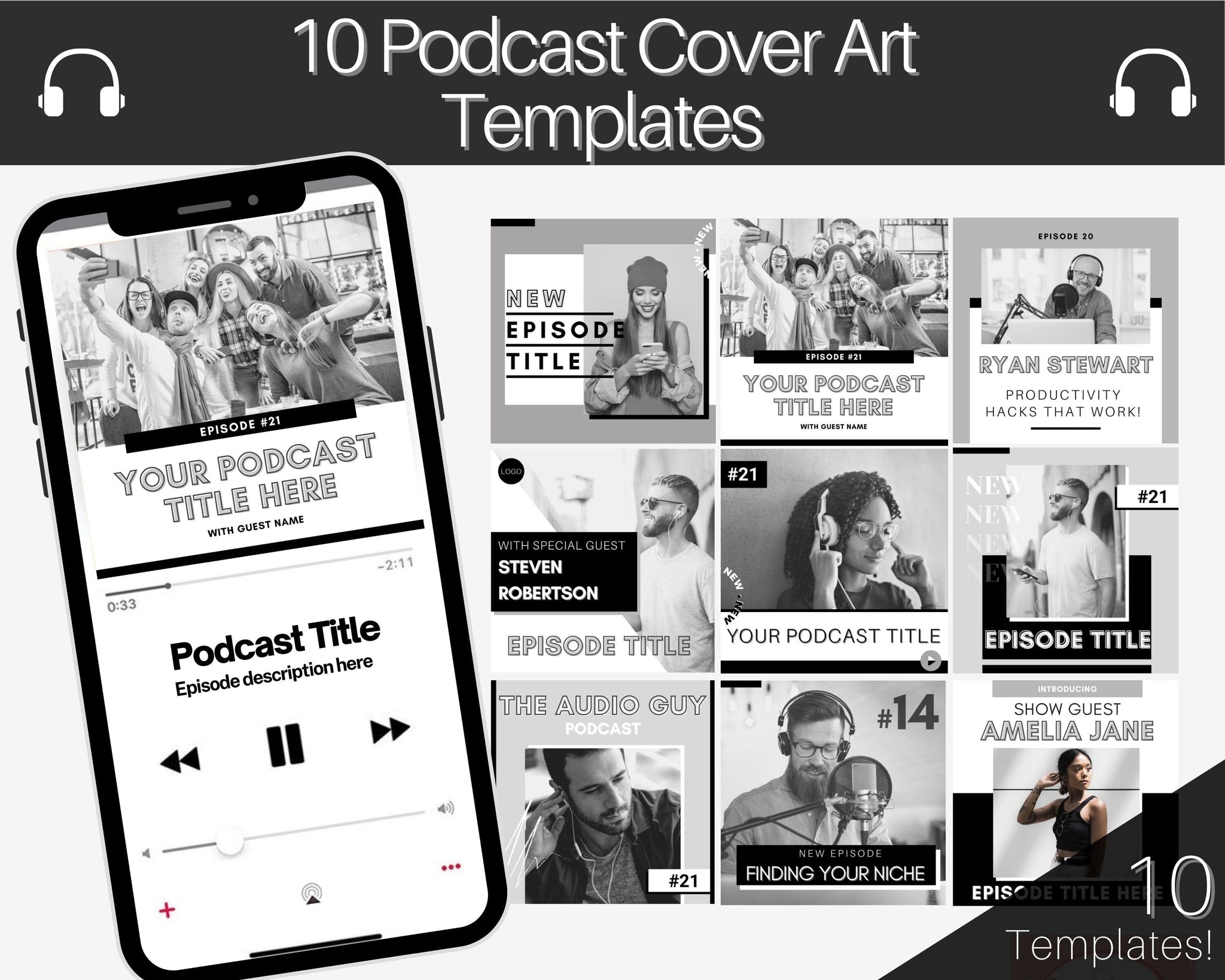 Podcast COVER ART Templates, 10 Editable Podcast Canva Mockups - Mono