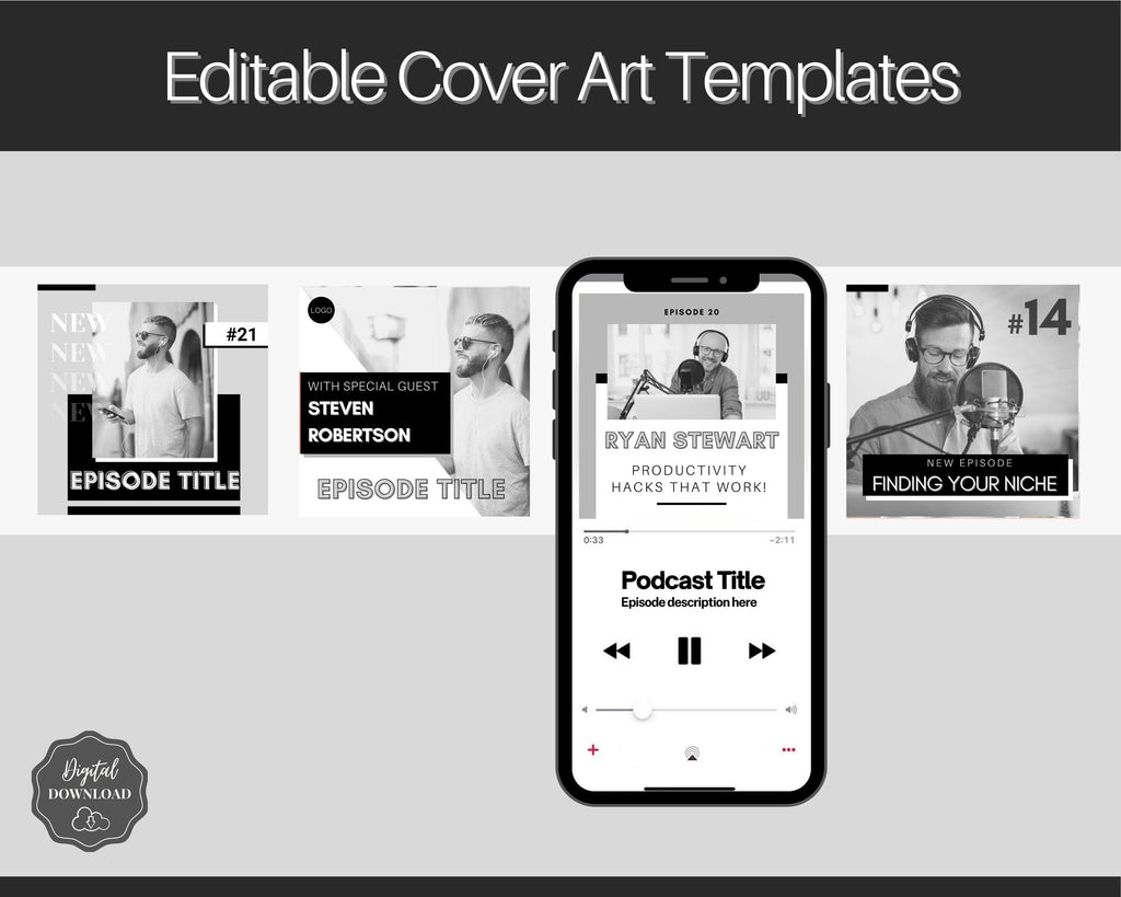 Podcast COVER ART Templates, 10 Editable Podcast Canva Mockups - Mono