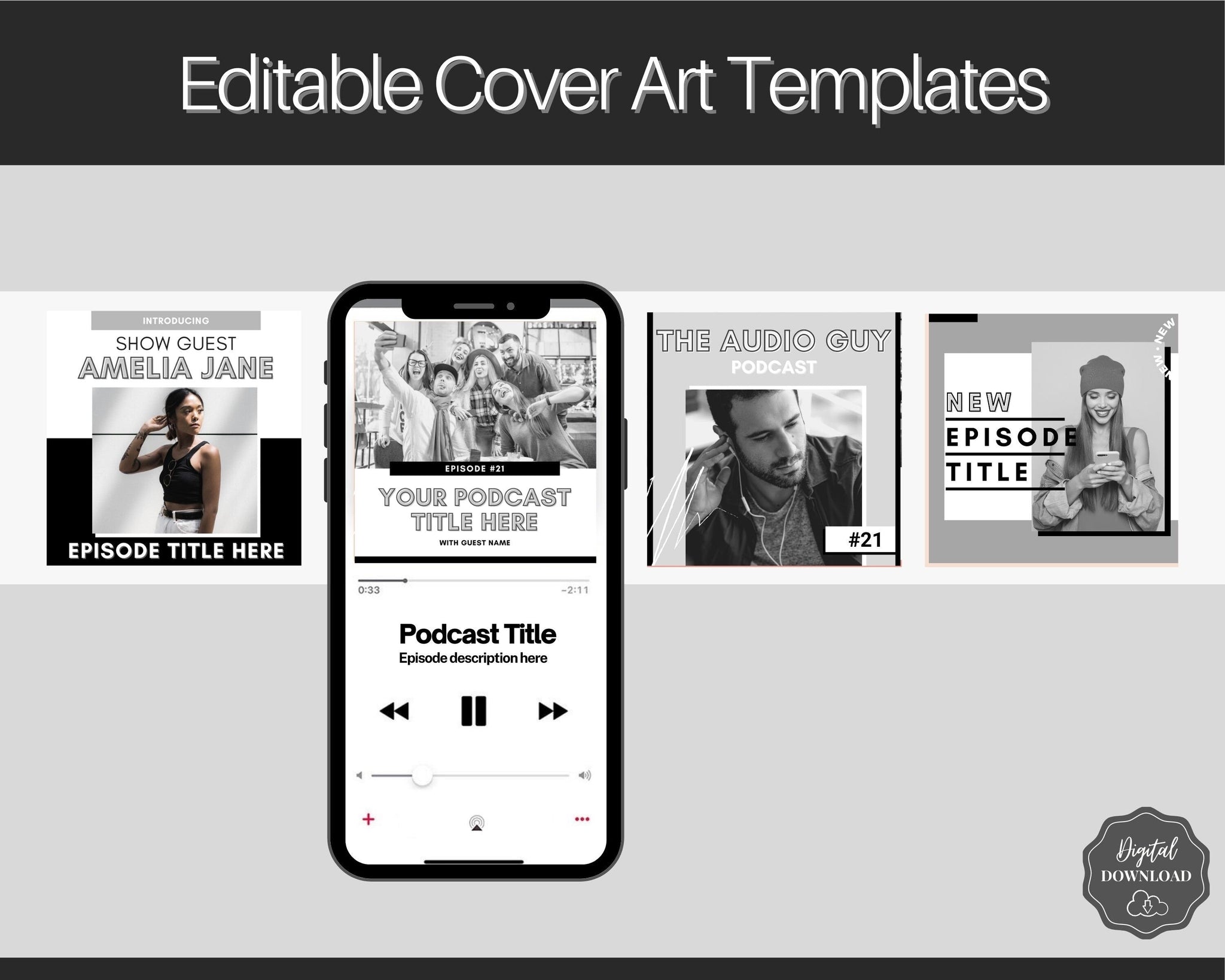 Podcast COVER ART Templates, 10 Editable Podcast Canva Mockups - Mono