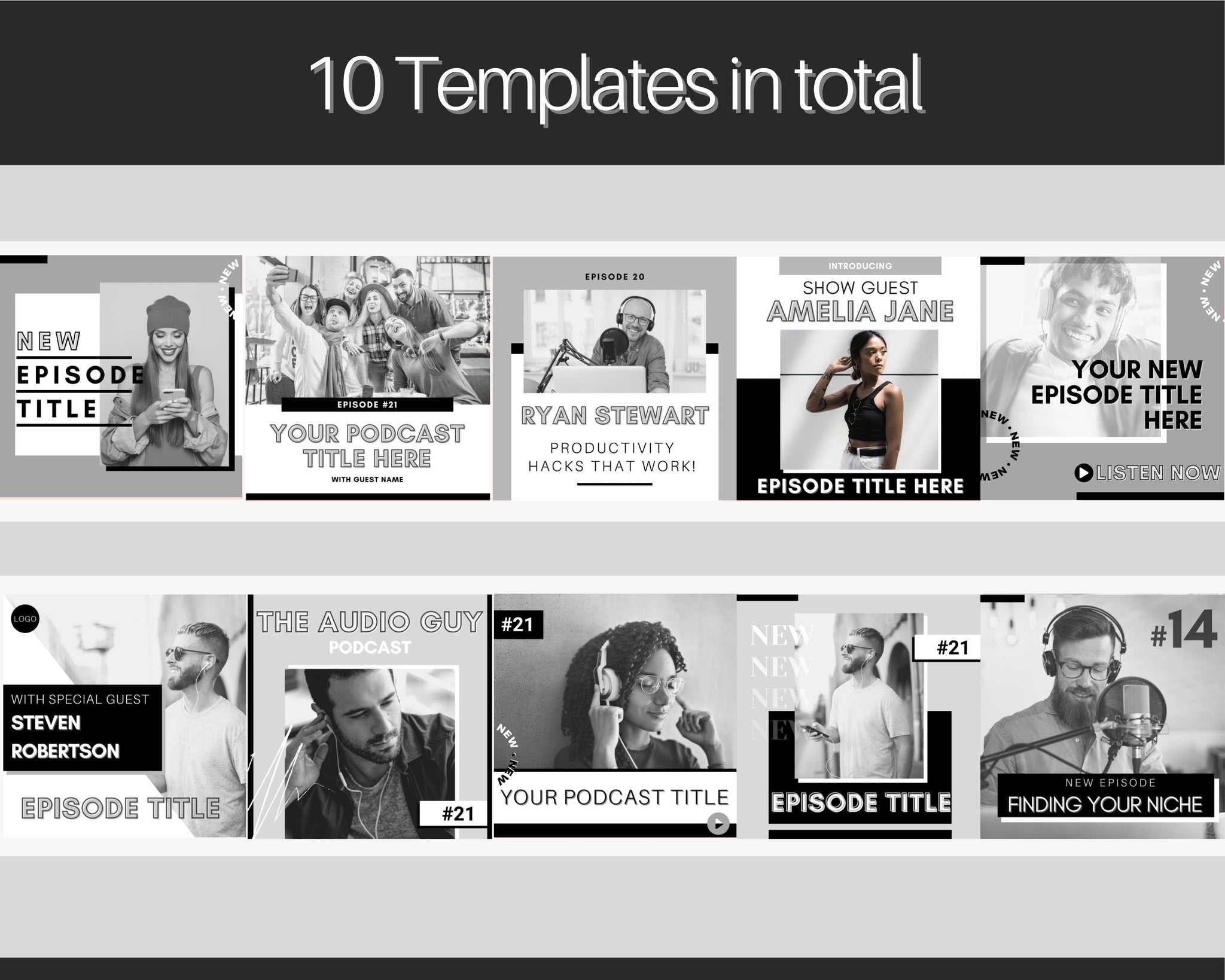 Podcast COVER ART Templates, 10 Editable Podcast Canva Mockups - Mono