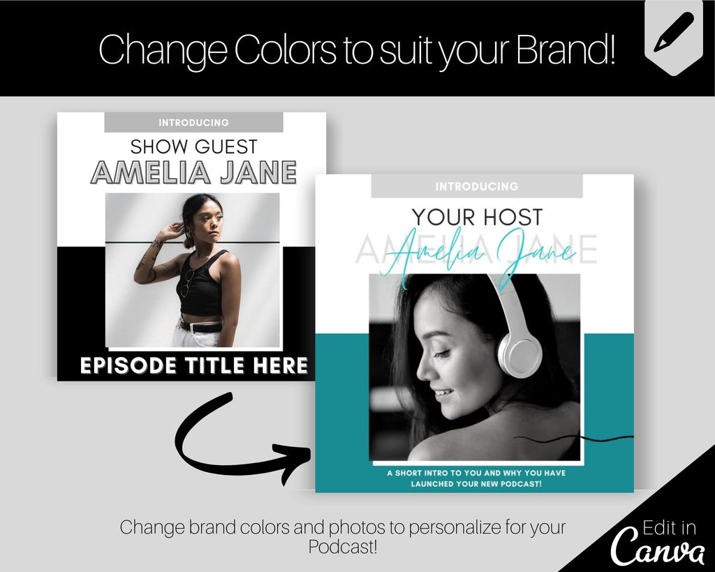 Podcast COVER ART Templates, 10 Editable Podcast Canva Mockups - Mono