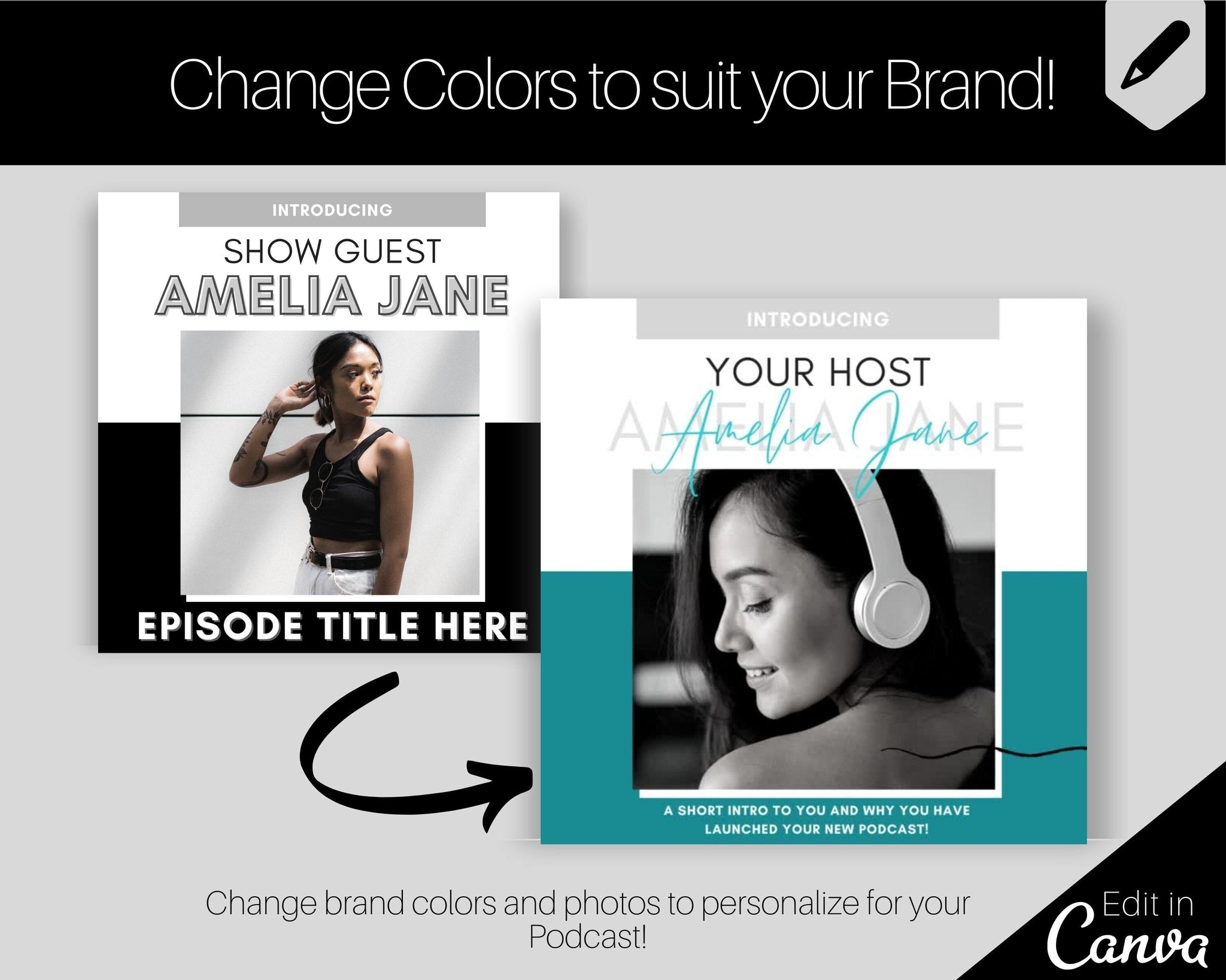 Podcast COVER ART Templates, 10 Editable Podcast Canva Mockups - Mono