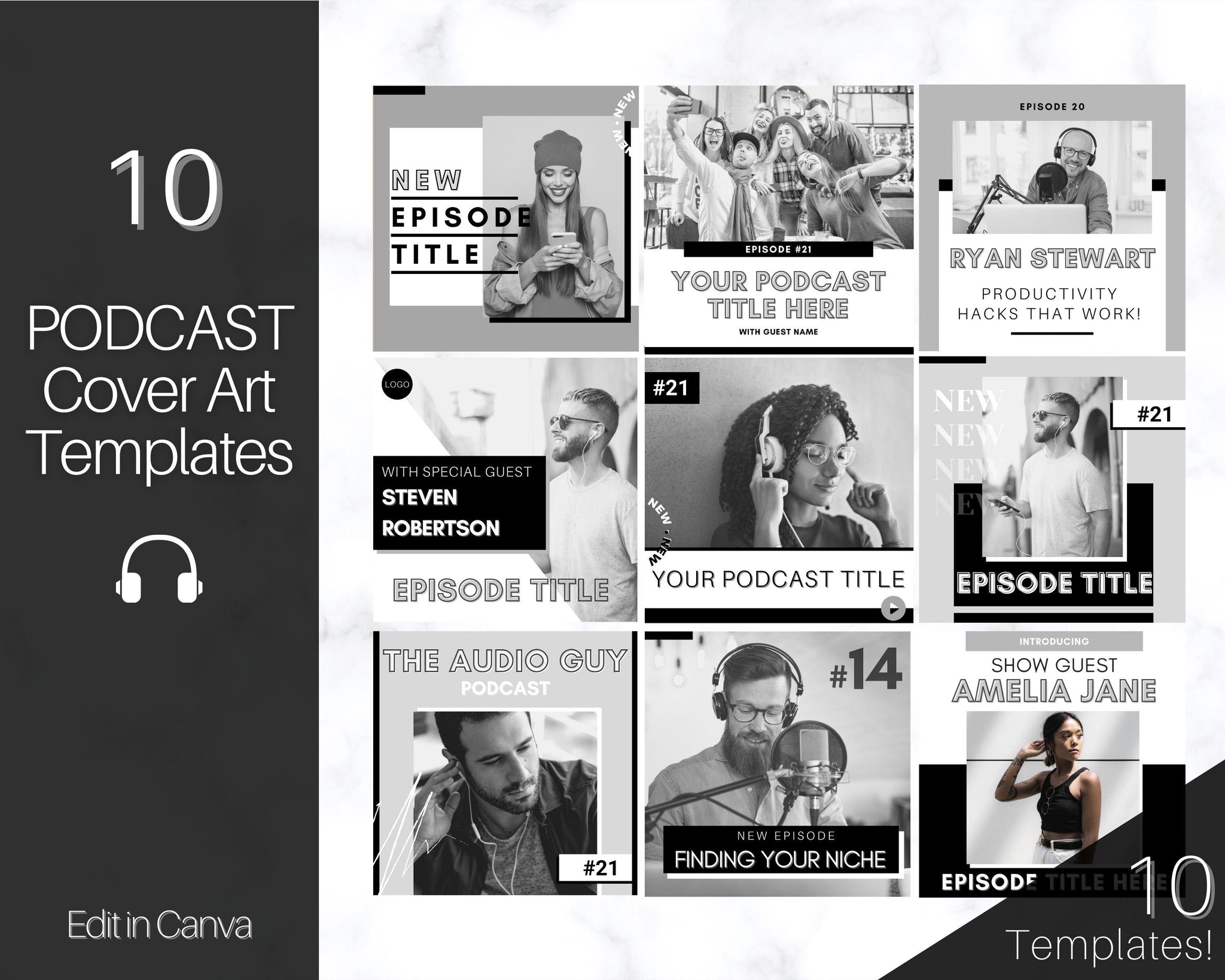 Podcast COVER ART Templates, 10 Editable Podcast Canva Mockups - Mono