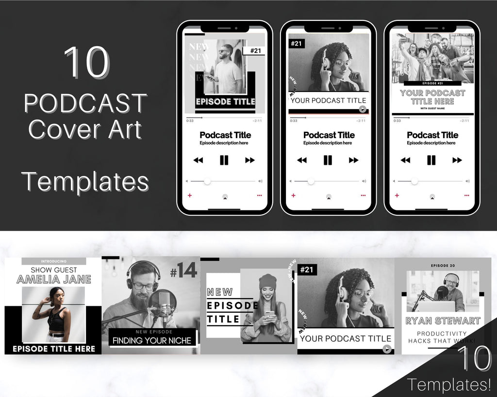 Podcast COVER ART Templates, 10 Editable Podcast Canva Mockups - Mono