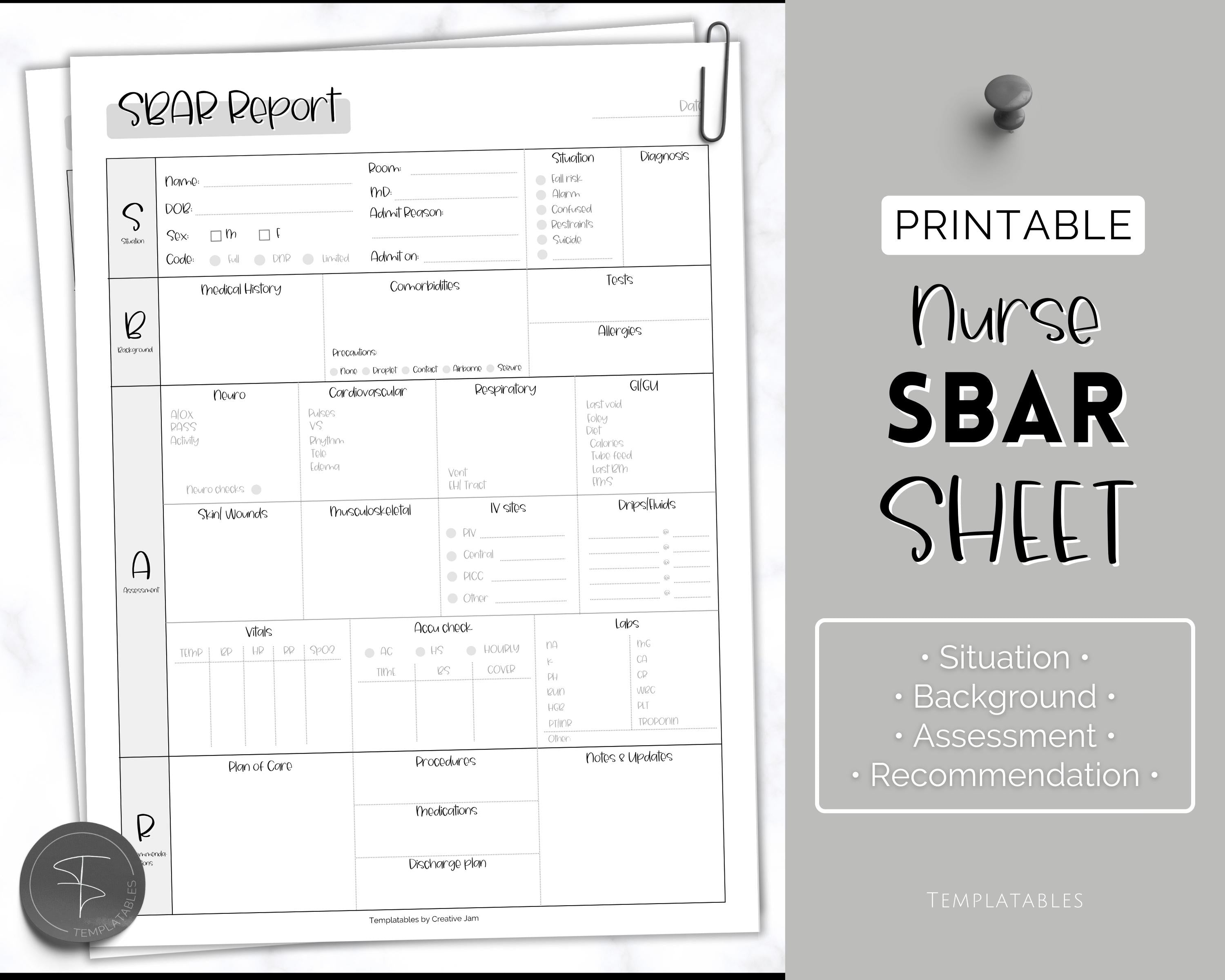 SBAR Nurse Brain Report Sheet | ICU Nurse Report Printable Template