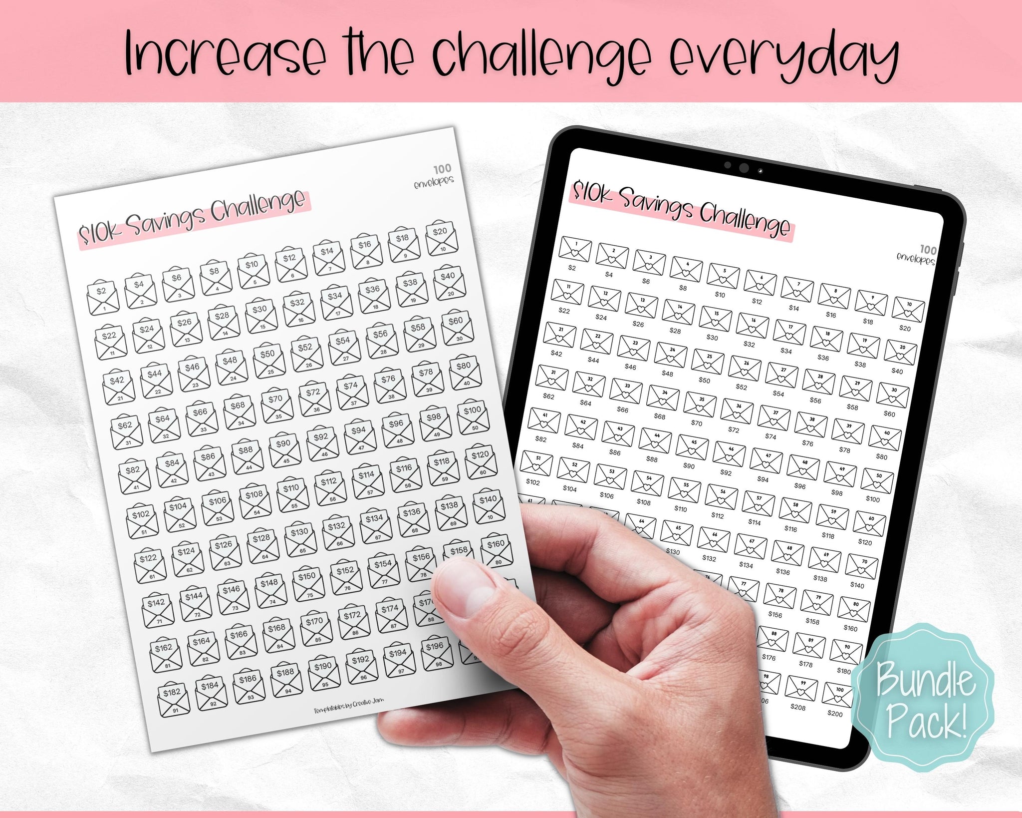10k 100 Envelope Challenge Printable, 10000 | Colorful Sky