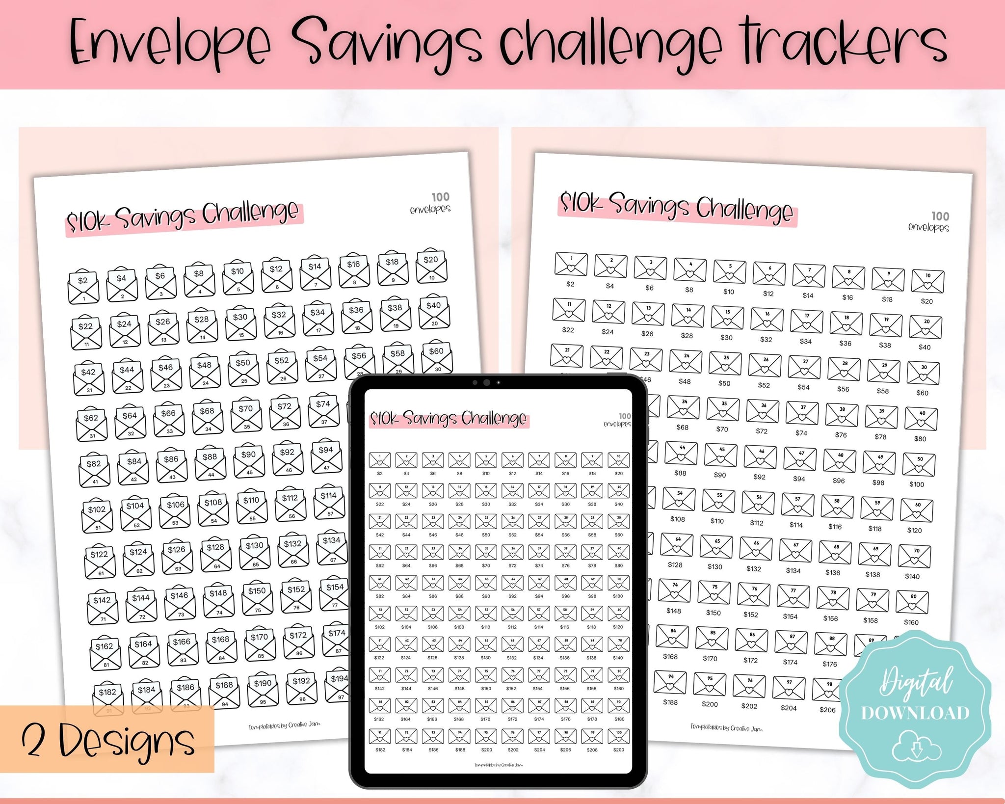 10k 100 Envelope Challenge Printable, 10000 | Colorful Sky