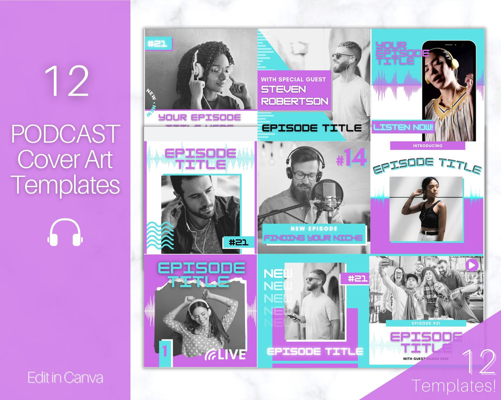 Podcast COVER ART Templates, 12 Editable Podcast Canva Mockups - Purple
