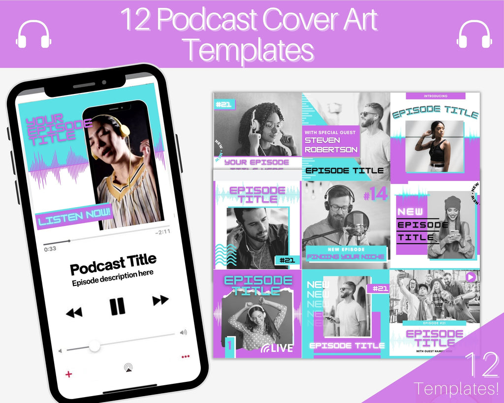 Podcast COVER ART Templates, 12 Editable Podcast Canva Mockups - Purple