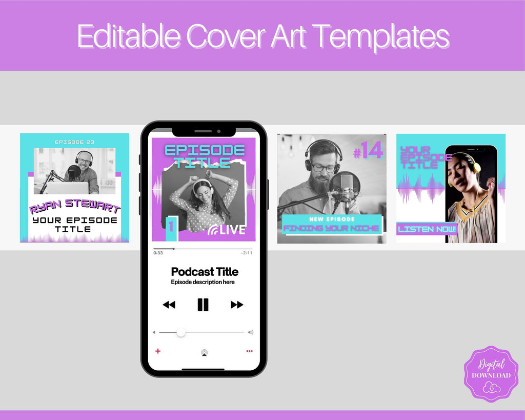 Podcast COVER ART Templates, 12 Editable Podcast Canva Mockups - Purple