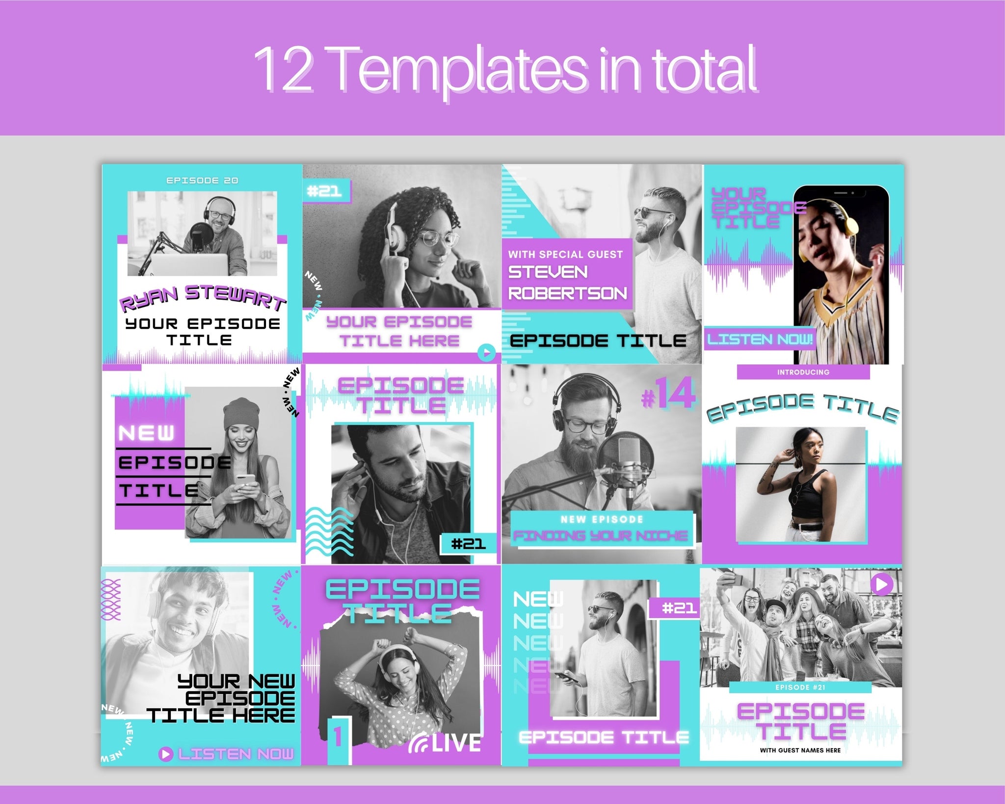 Podcast COVER ART Templates, 12 Editable Podcast Canva Mockups - Purple
