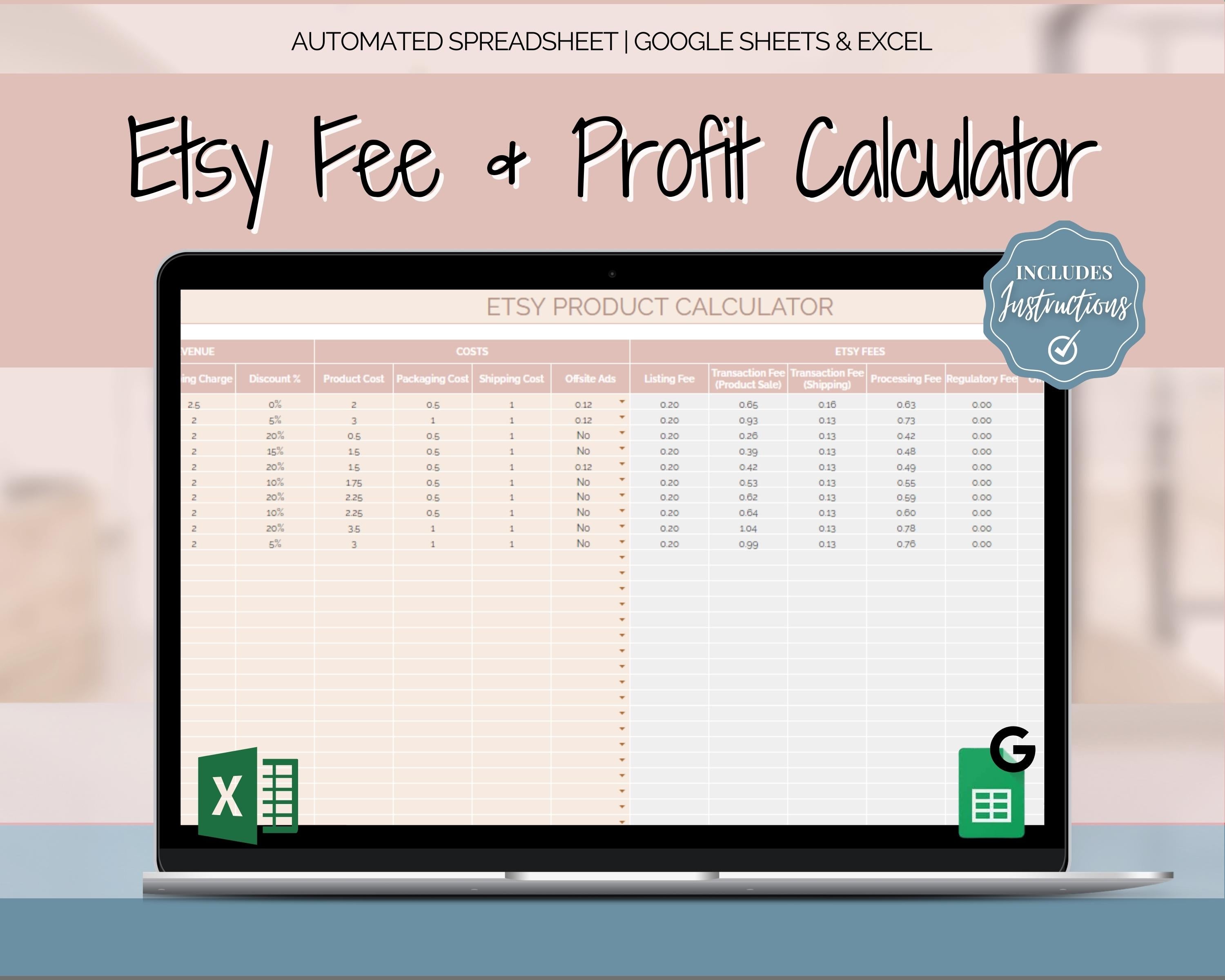 Etsy Fee and Profit Calculator - Pricing Spreadsheet for Etsy Sellers