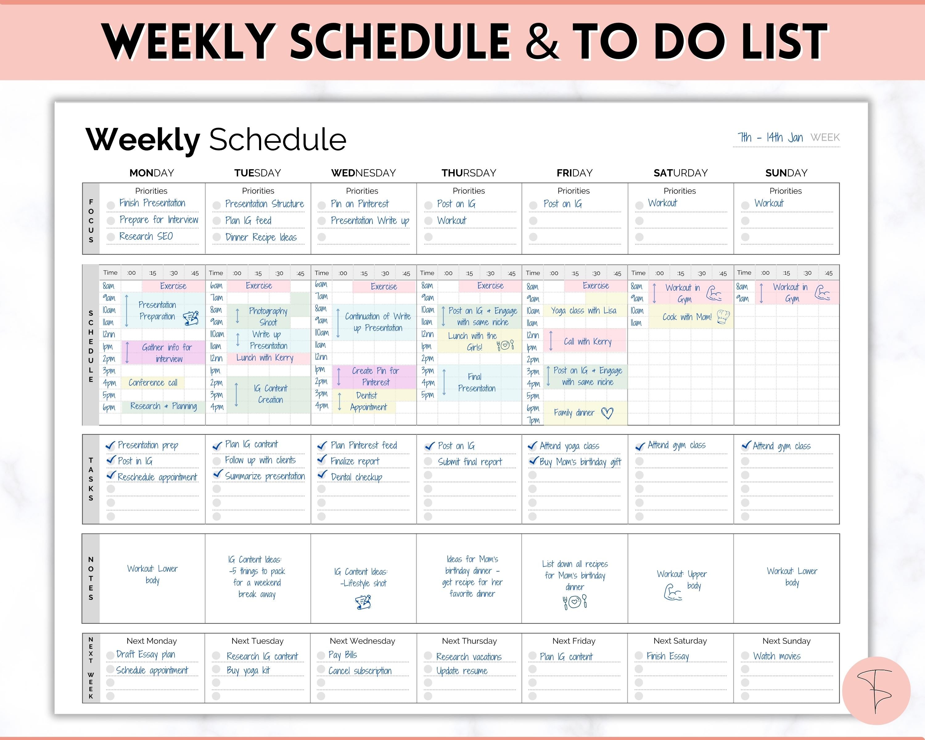 15 Minute Weekly Planner Schedule | Daily Hourly Planner Organizer