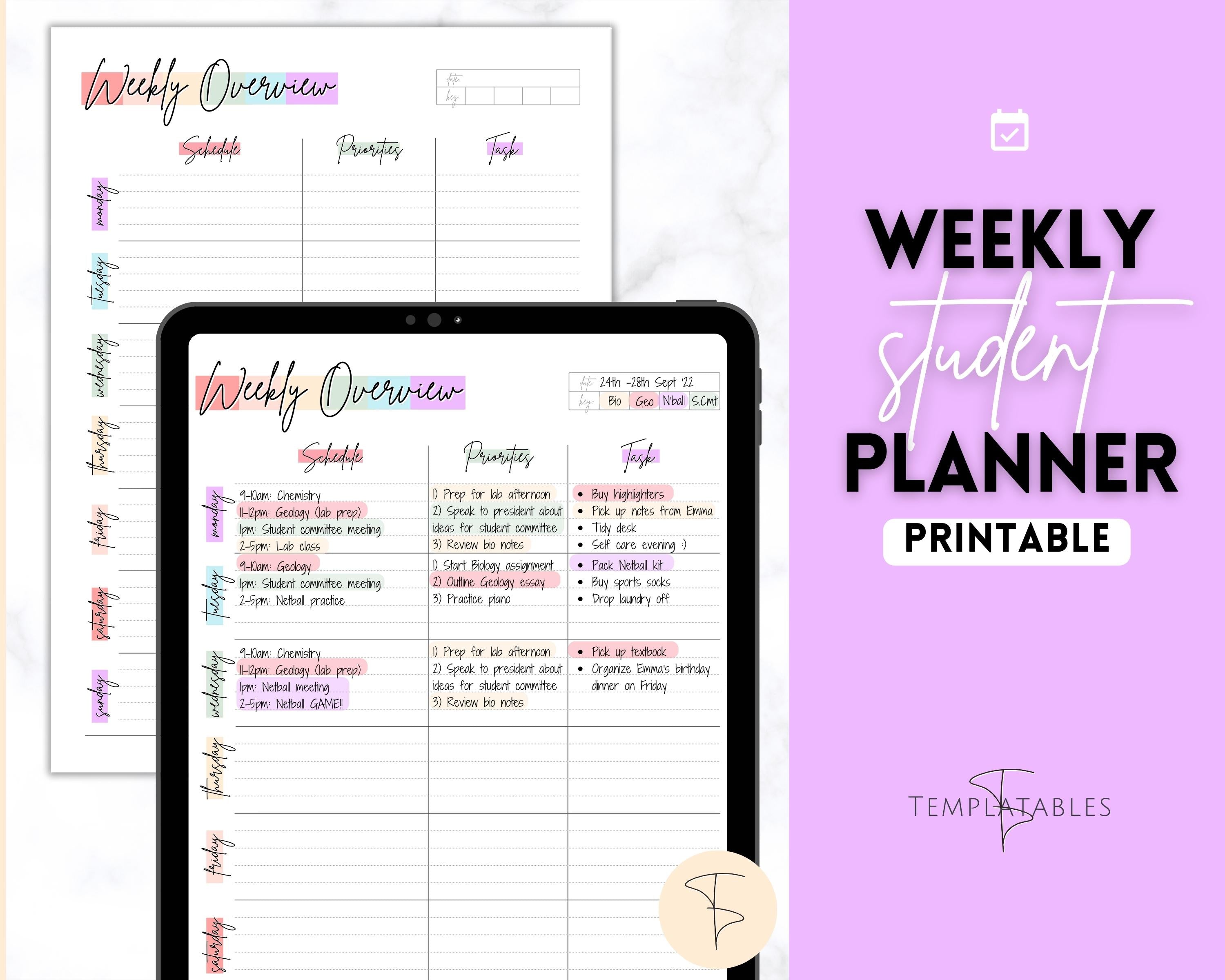 College Student Weekly Planner Schedule | Academic Class Organizer