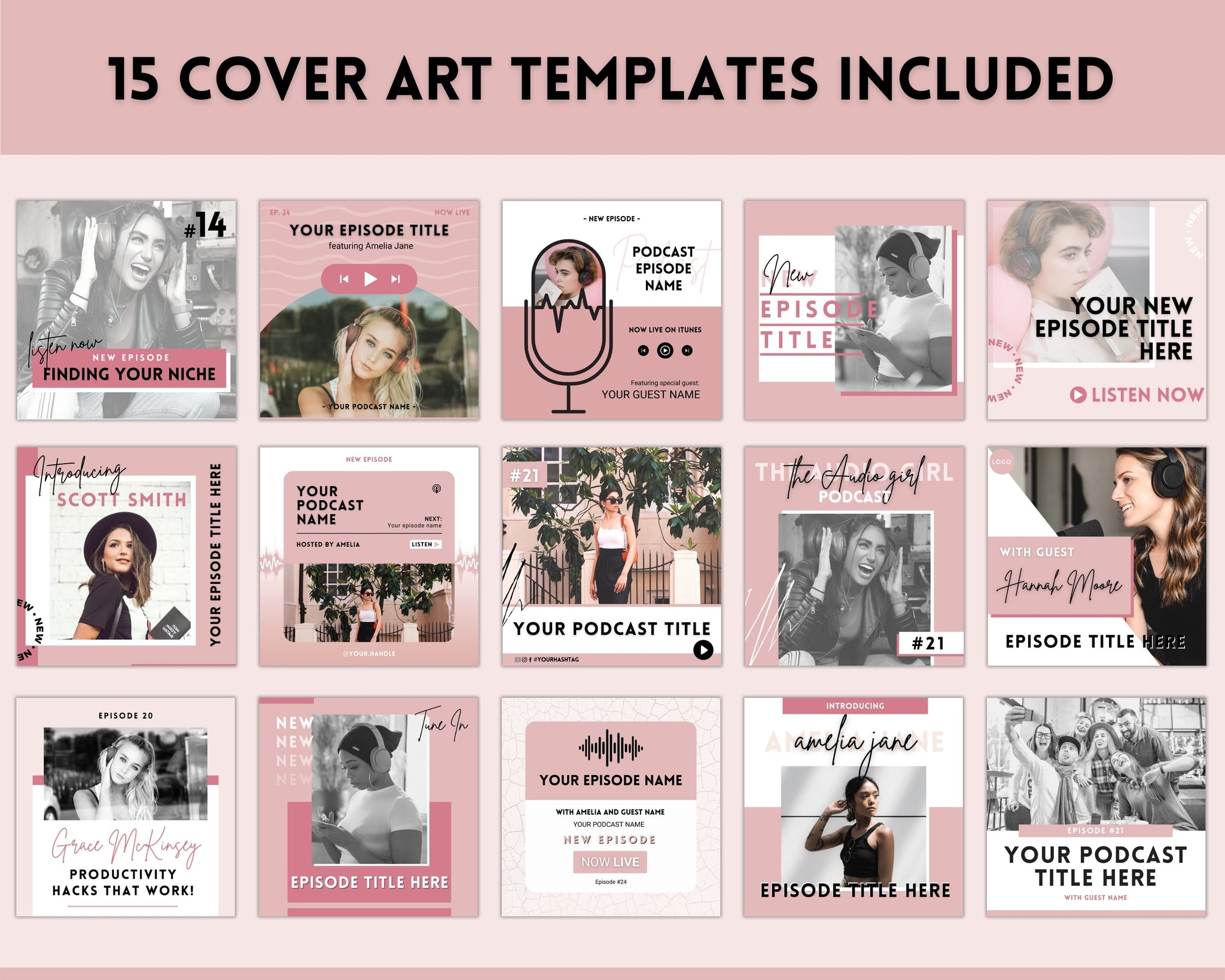 Podcast COVER ART Templates, 15 Editable Podcast Canva Mockups | Pink