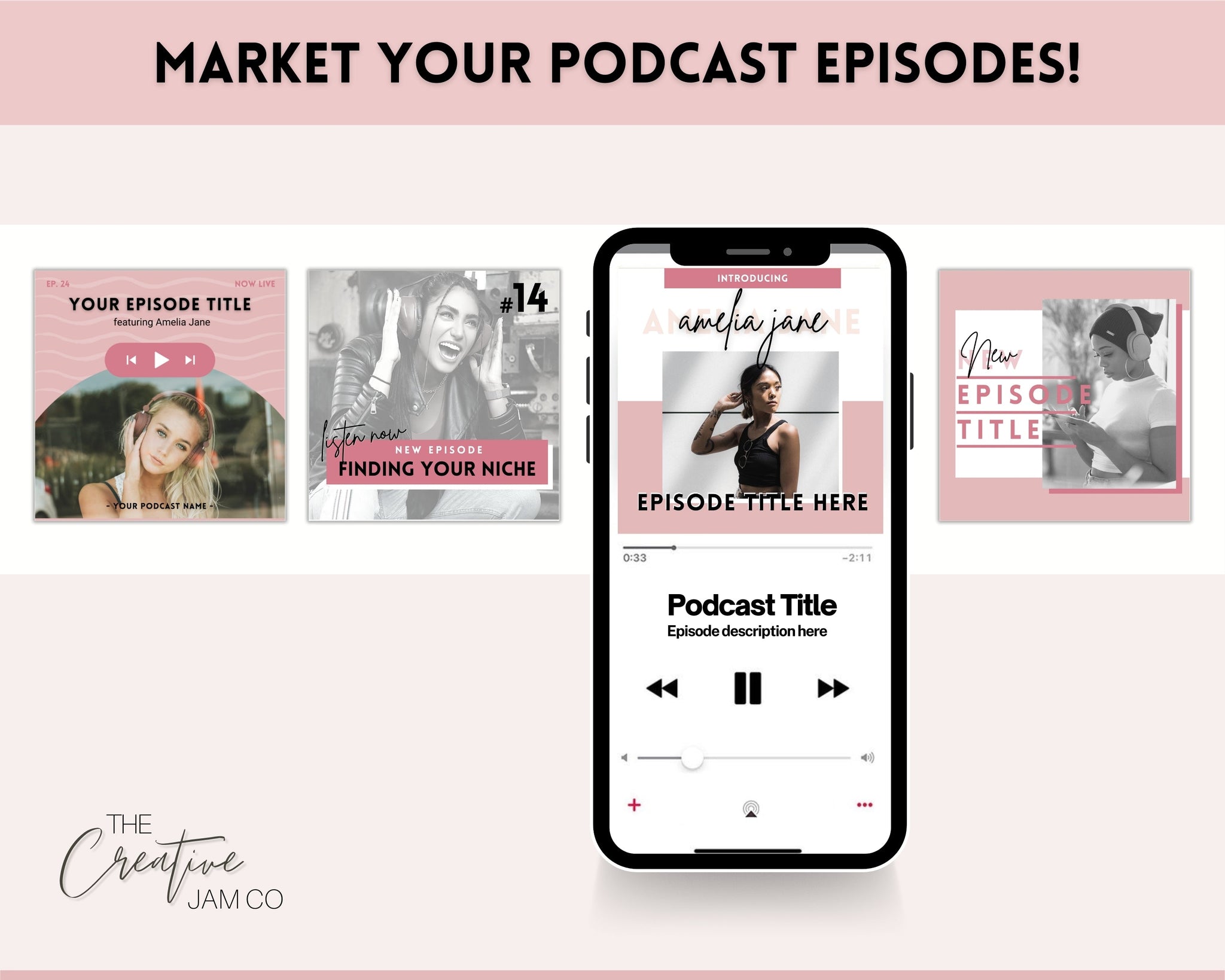 Podcast COVER ART Templates, 15 Editable Podcast Canva Mockups | Pink